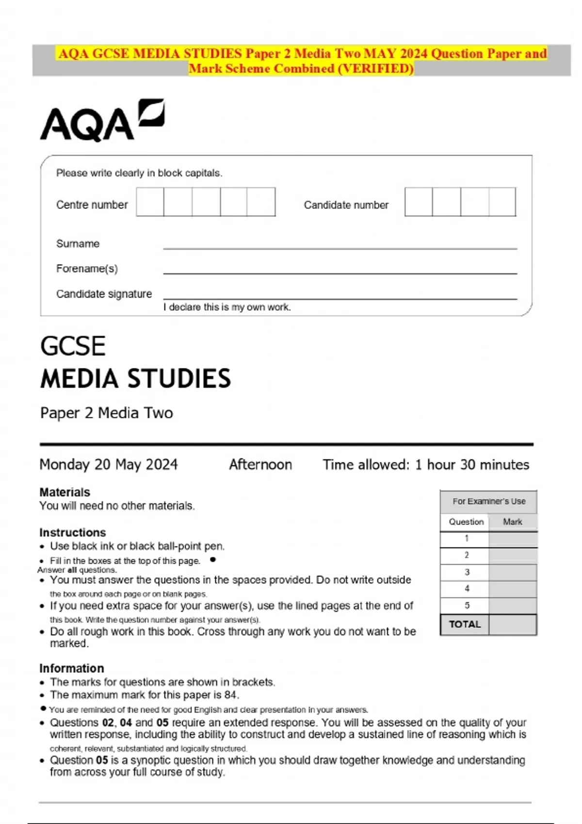 2024 AQA GCSE MEDIA STUDIES Paper 2 Media Two MAY Question Paper and Mark Scheme MERGED - AQA ...