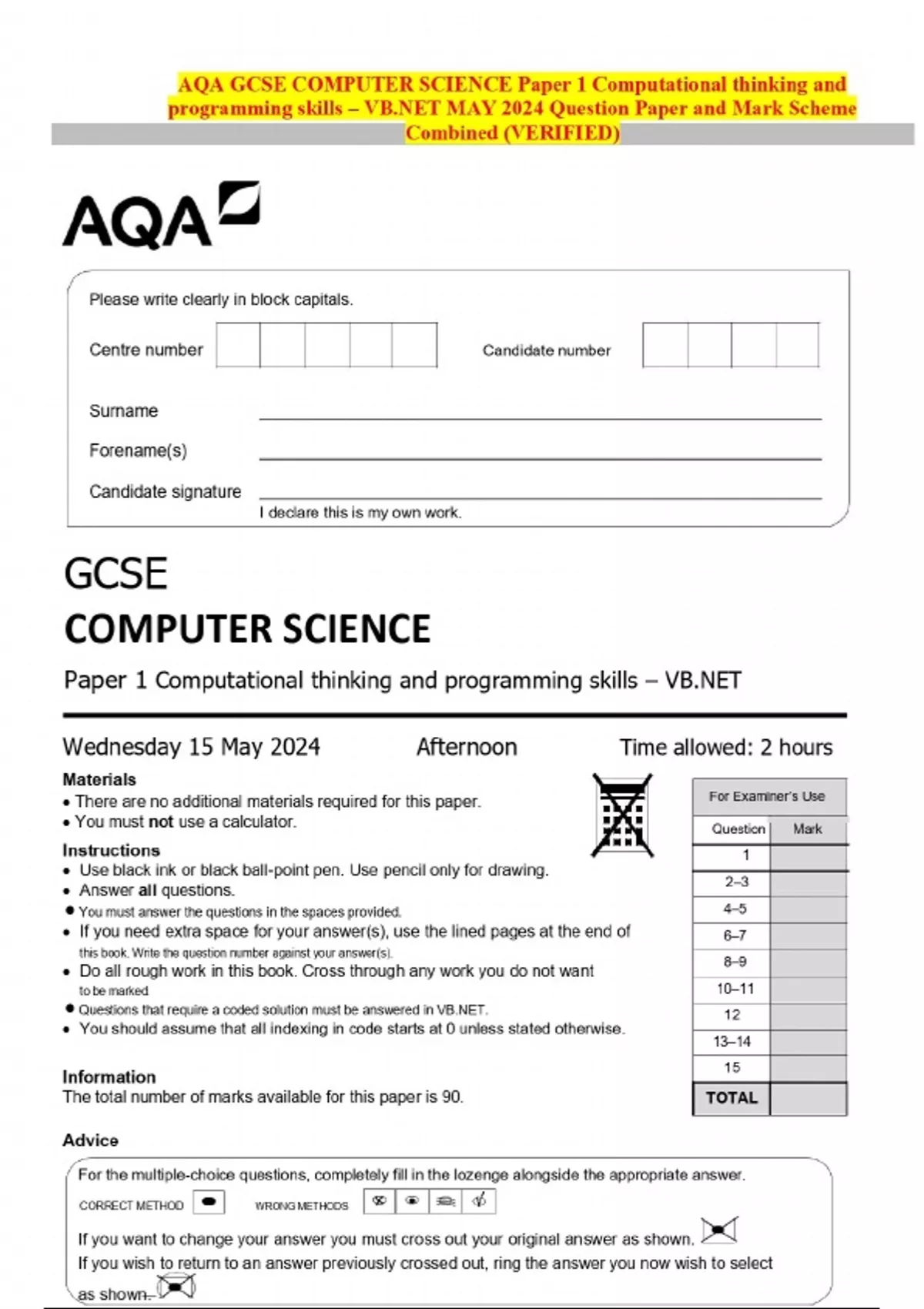 2024 Aqa Gcse Computer Science Paper 1 Computational Thinking And Programming Skills Vbnet