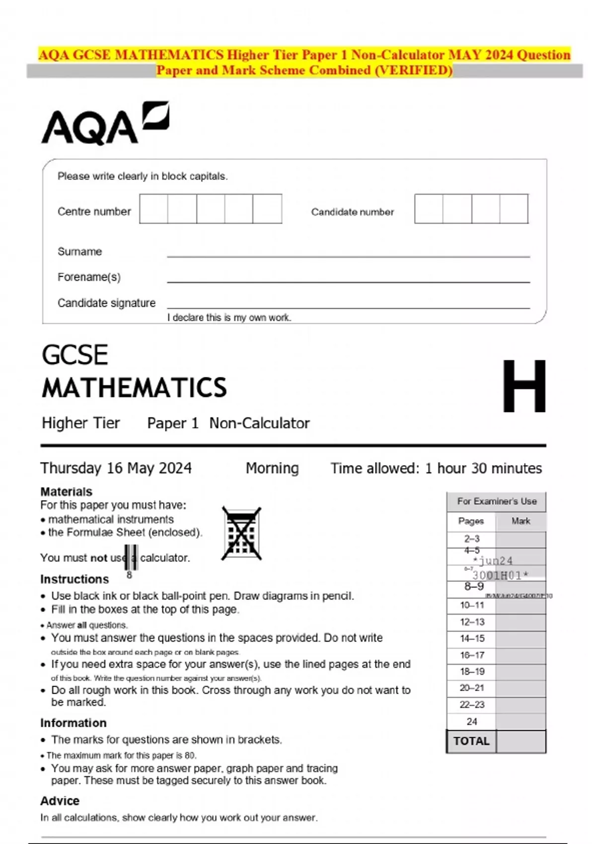 2024 AQA GCSE MATHEMATICS Higher Tier Paper 1 Non-Calculator MAY ...