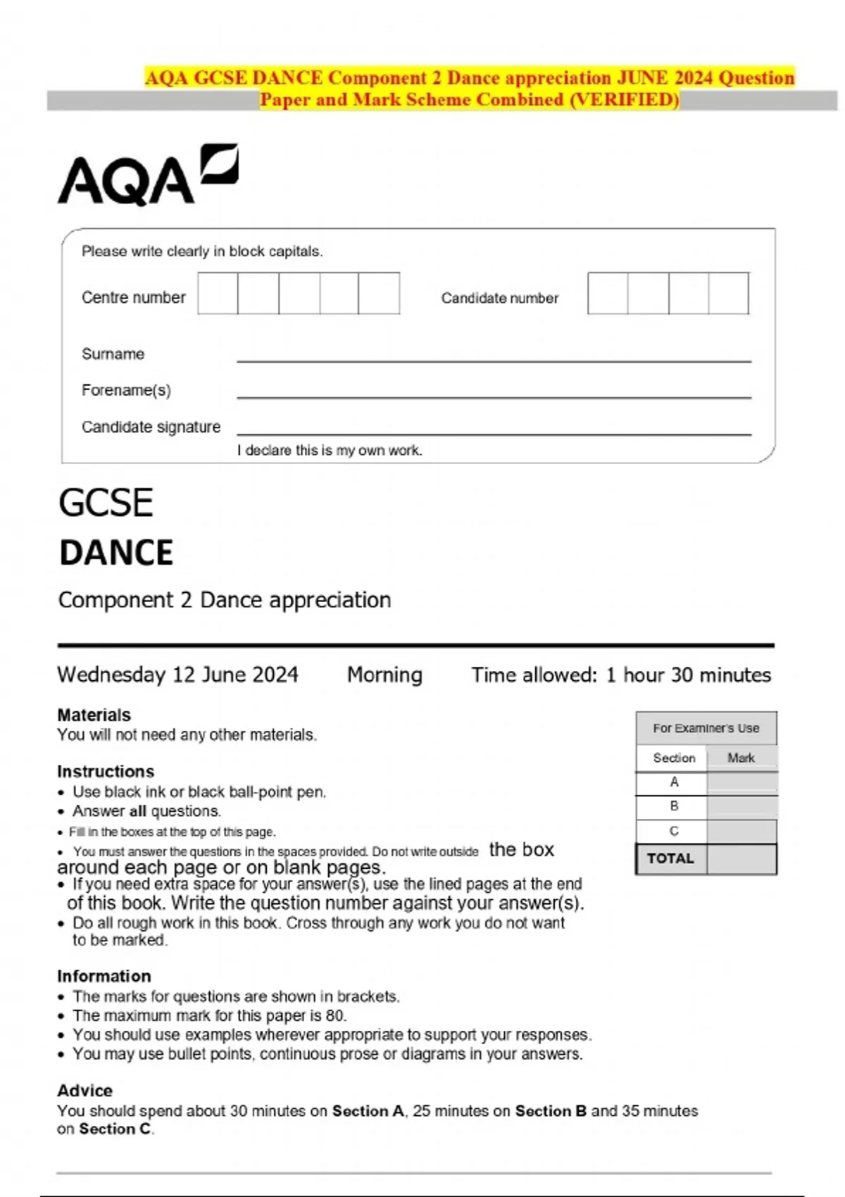 2024 AQA GCSE DANCE Component 2 Dance appreciation JUNE Question Paper ...