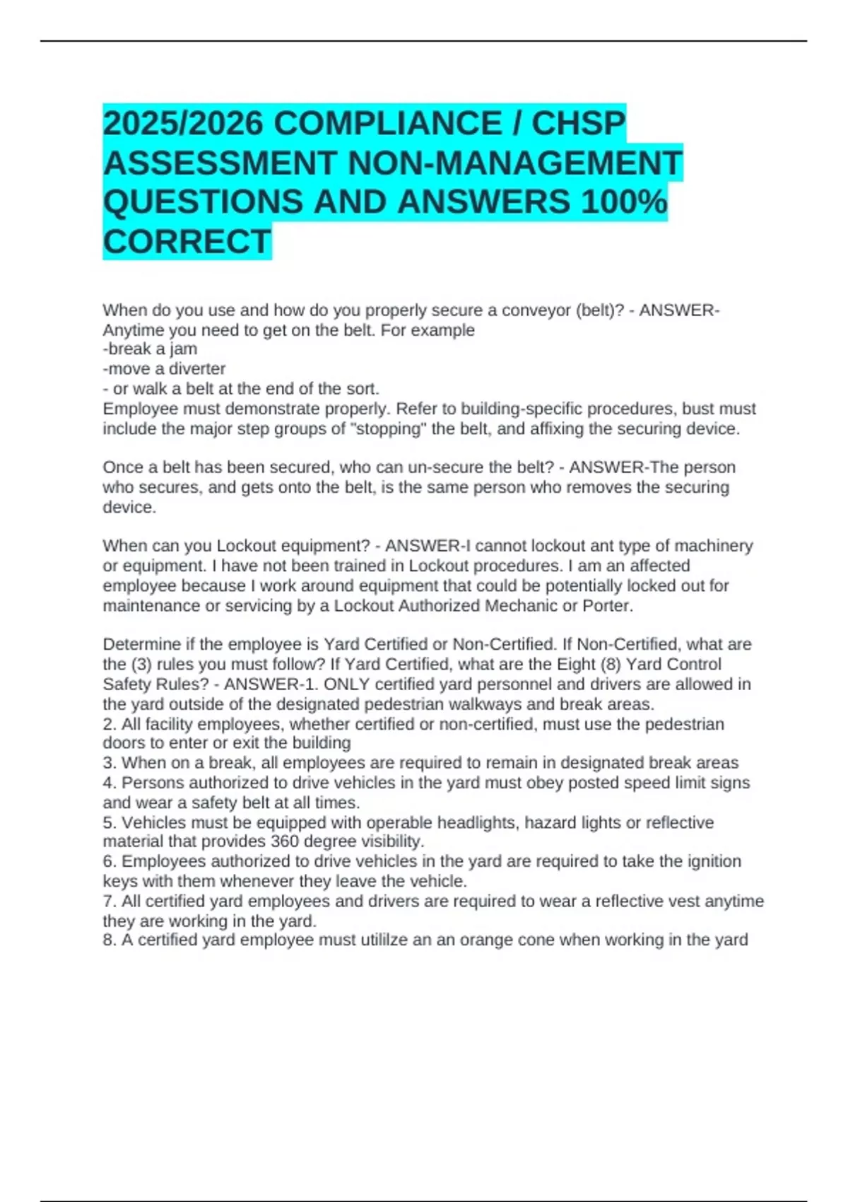 2025/2026 COMPLIANCE / CHSP ASSESSMENT NON-MANAGEMENT QUESTIONS AND ...