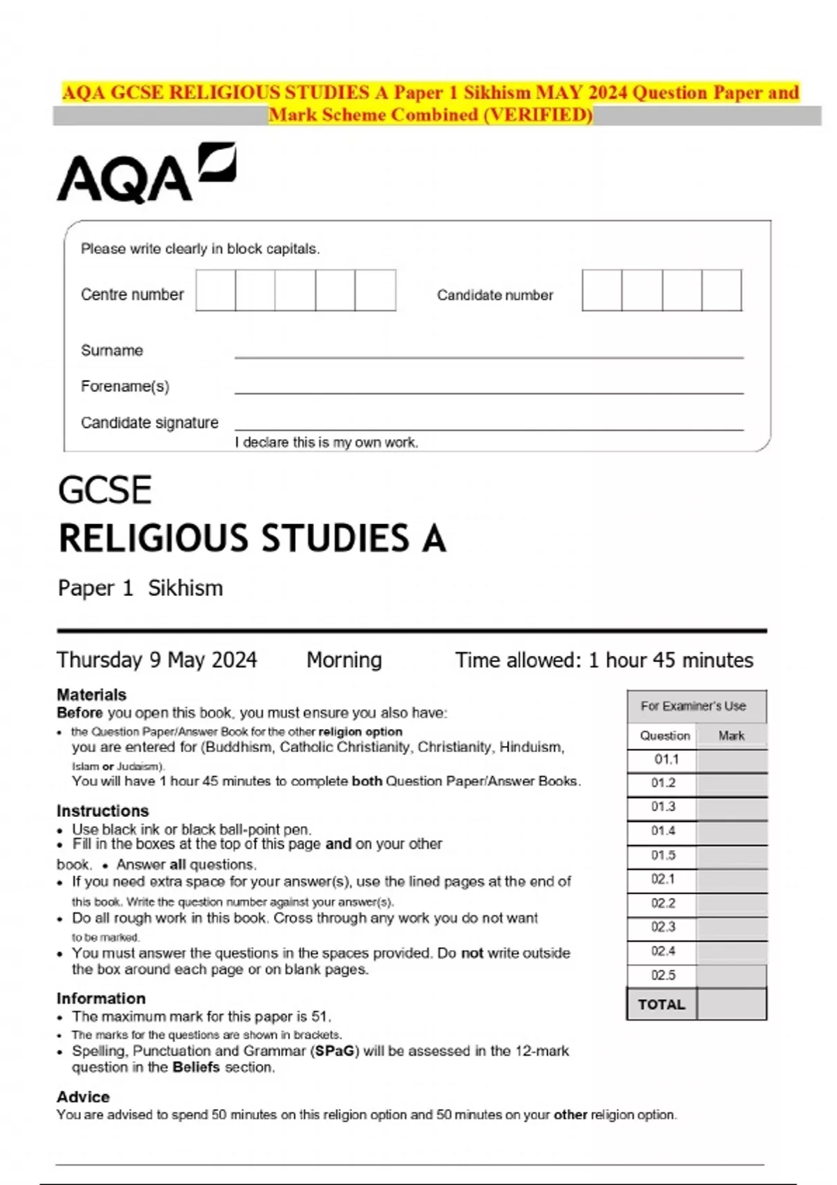 2024 AQA GCSE RELIGIOUS STUDIES A Paper 1 Sikhism MAY Question Paper and Mark Scheme MERGED ...
