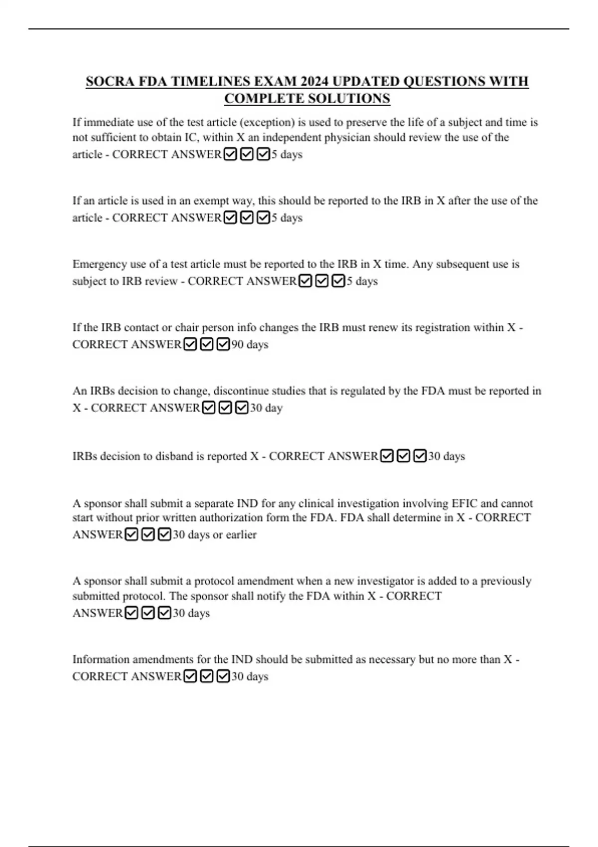 SOCRA FDA TIMELINES EXAM 2024 UPDATED QUESTIONS WITH COMPLETE SOLUTIONS ...