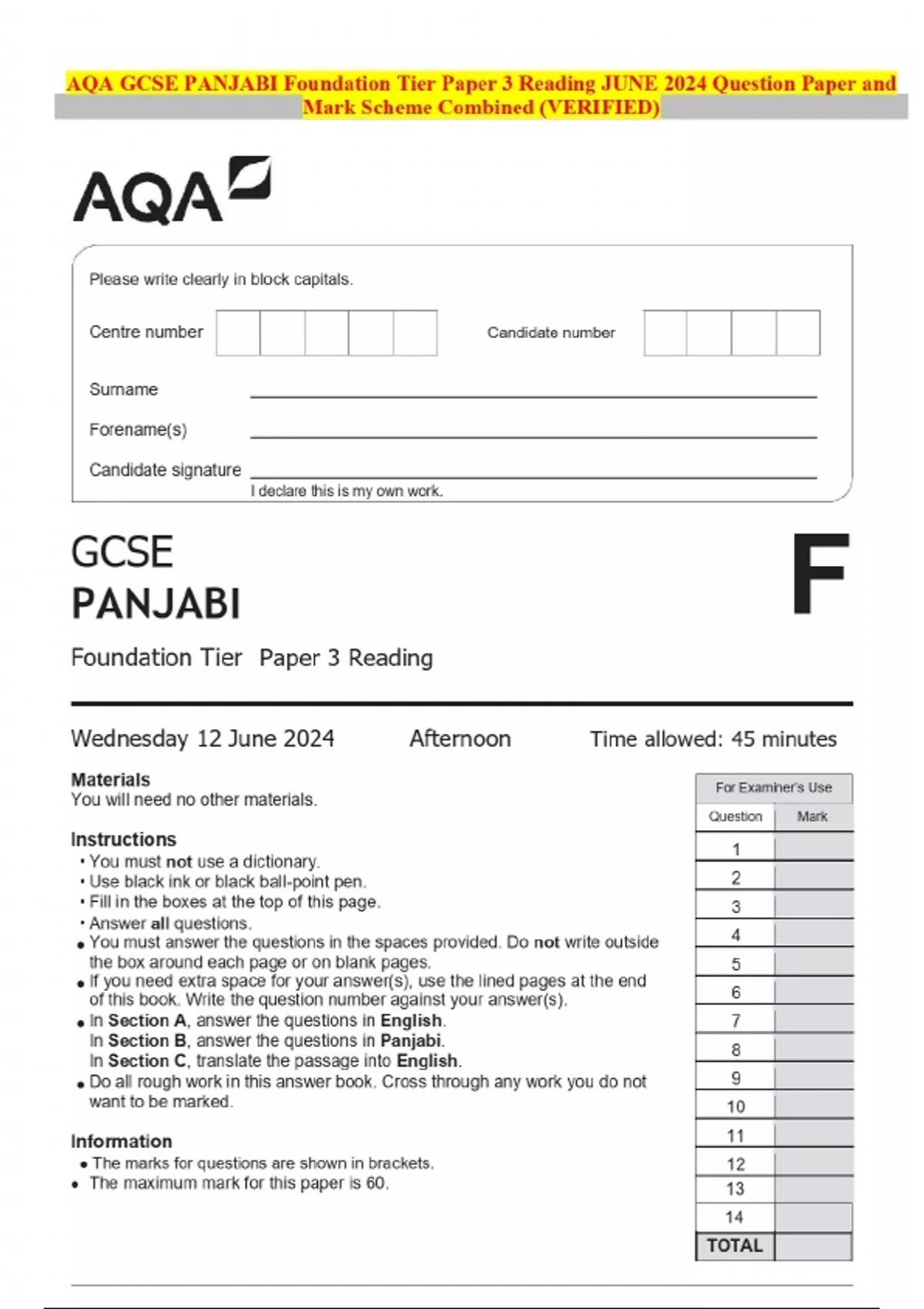 2024 AQA GCSE PANJABI Foundation Tier Paper 3 Reading JUNE Question Paper and Mark Scheme MERGED ...