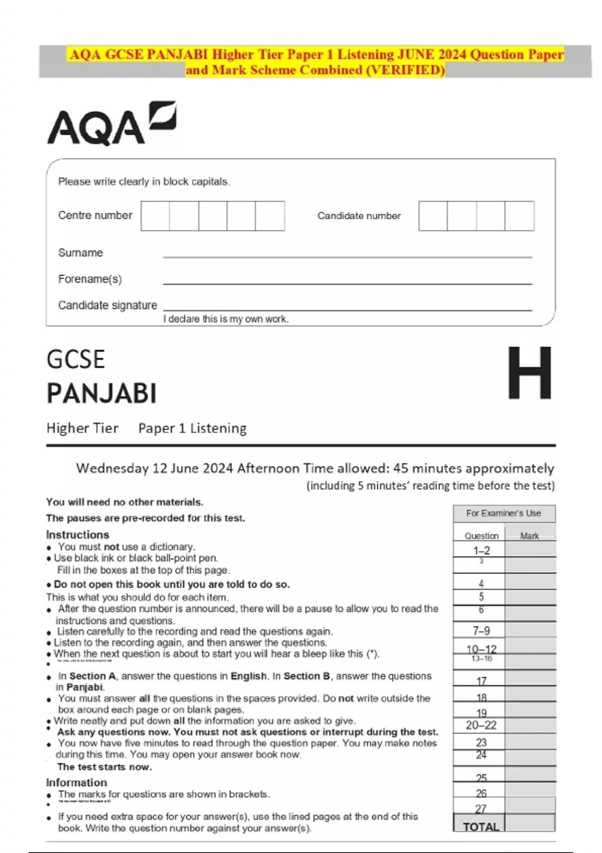 2024 AQA GCSE PANJABI Higher Tier Paper 1 Listening JUNE Question Paper ...