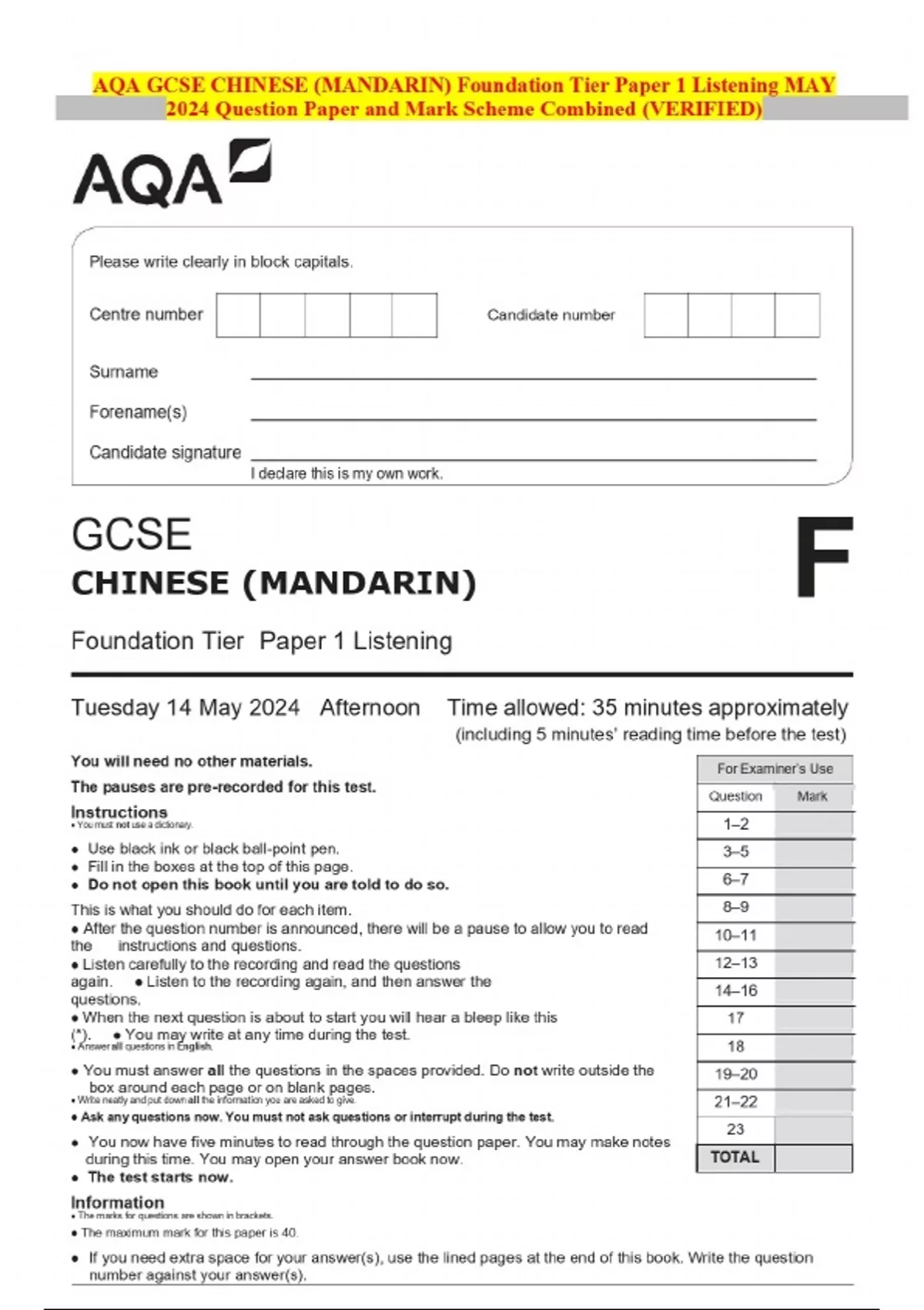 2024 AQA GCSE CHINESE (MANDARIN) Foundation Tier Paper 1 Listening MAY ...