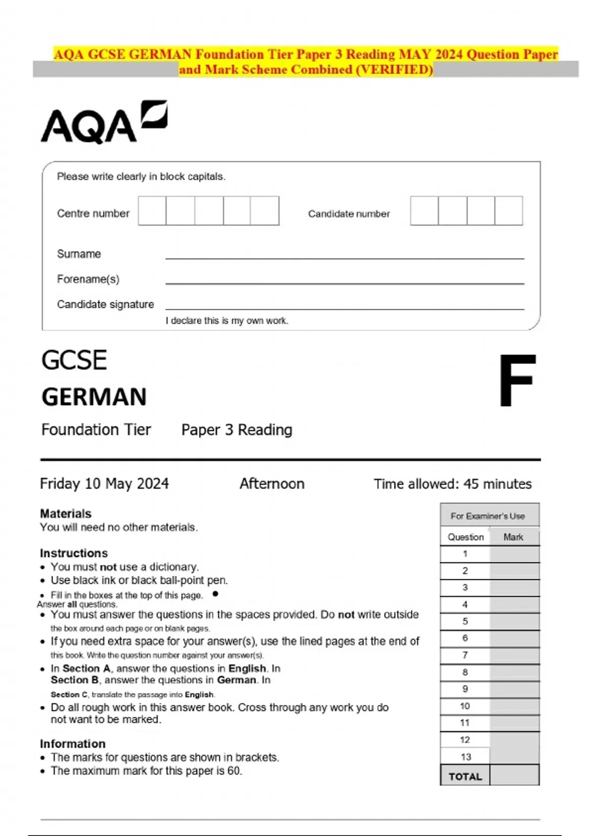 2024 AQA GCSE GERMAN Foundation Tier Paper 3 Reading MAY Question Paper and Mark Scheme MERGED ...