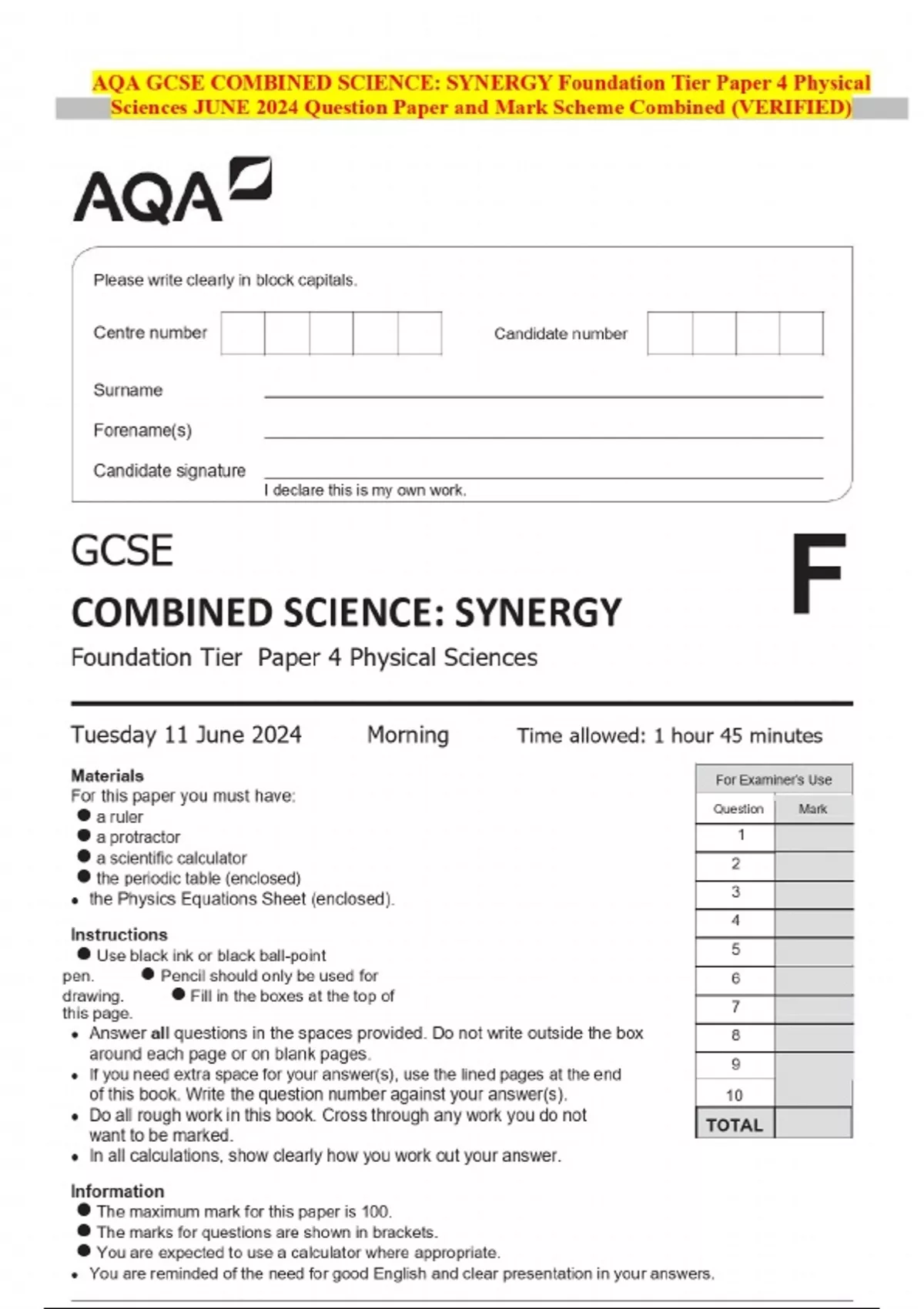 2024 AQA GCSE COMBINED SCIENCE: SYNERGY Foundation Tier Paper 4 ...