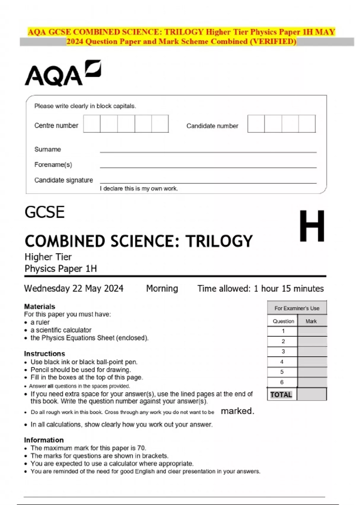 2024 AQA GCSE COMBINED SCIENCE: TRILOGY Higher Tier Physics Paper 1H ...