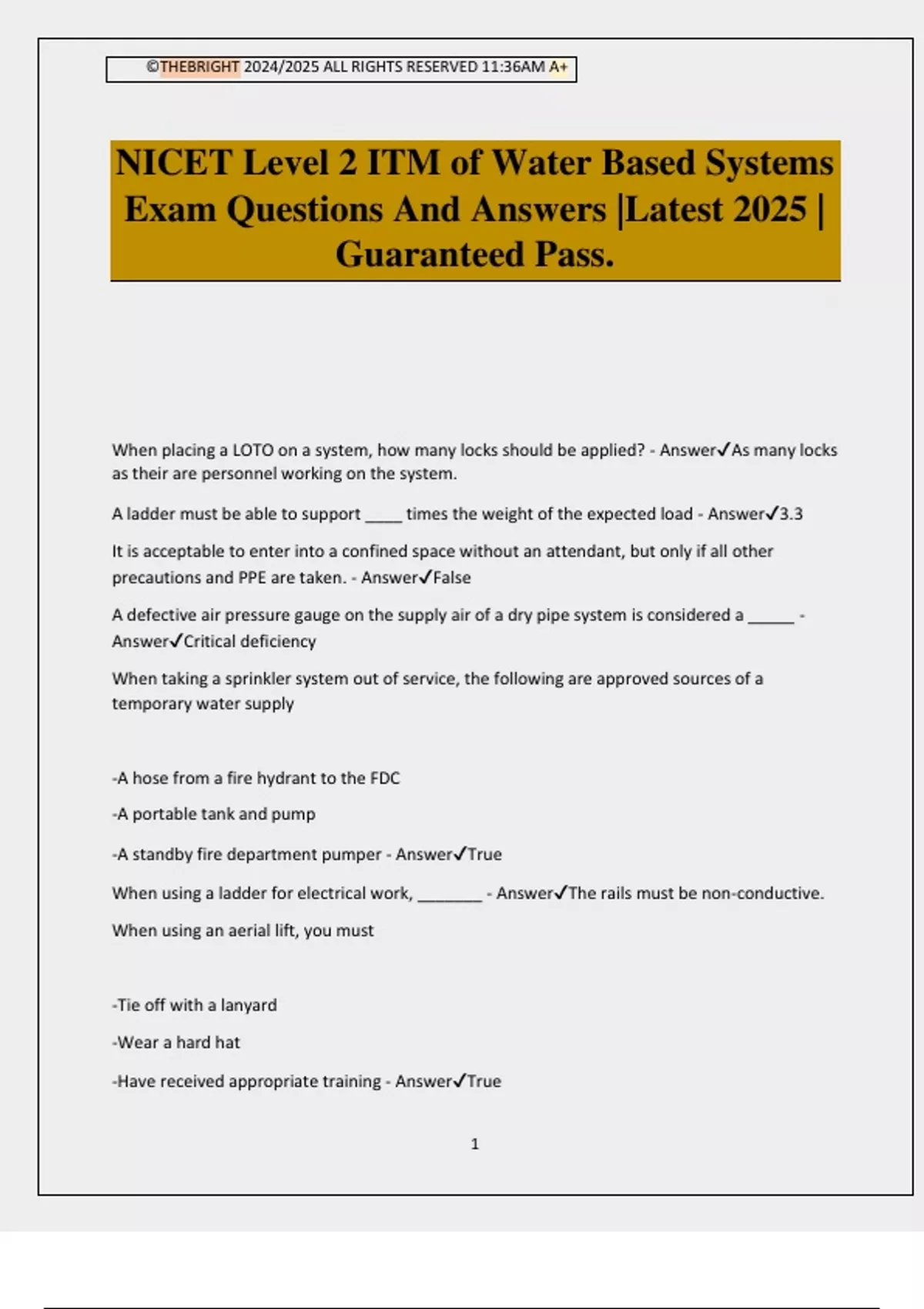 NICET Level 2 ITM of Water Based Systems Exam Questions And Answers ...