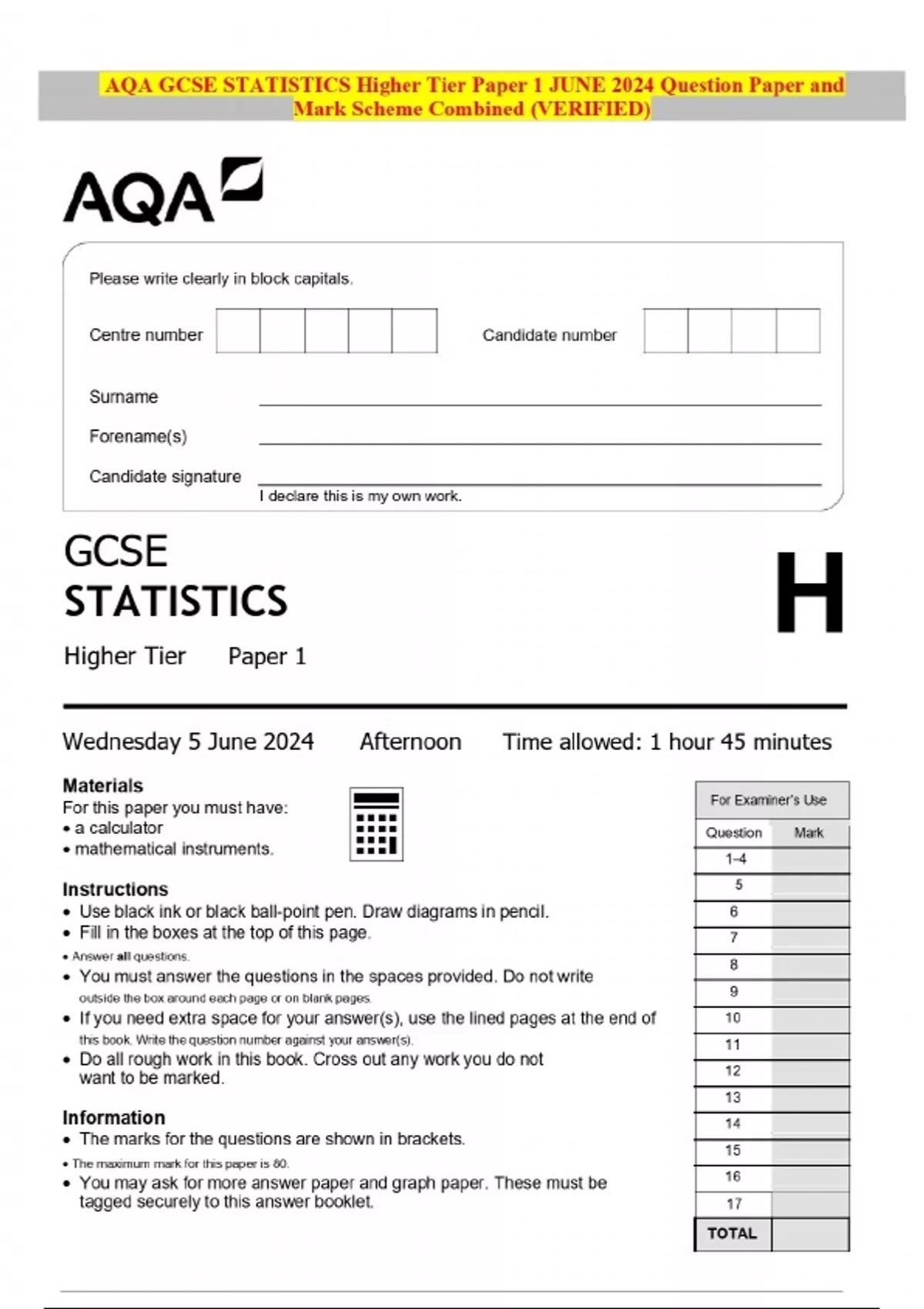 2024 AQA GCSE STATISTICS Higher Tier Paper 1 JUNE Question Paper and ...