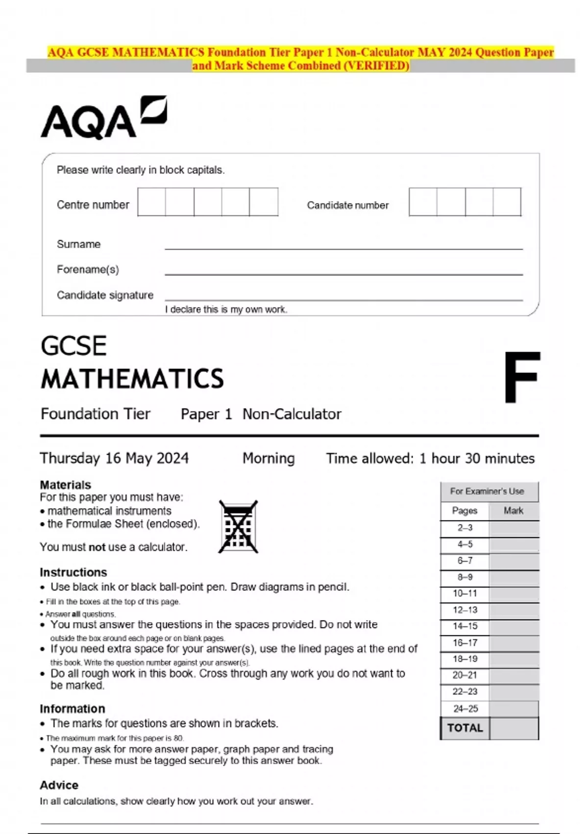 2024 AQA GCSE MATHEMATICS Foundation Tier Paper 1 Non-Calculator MAY ...