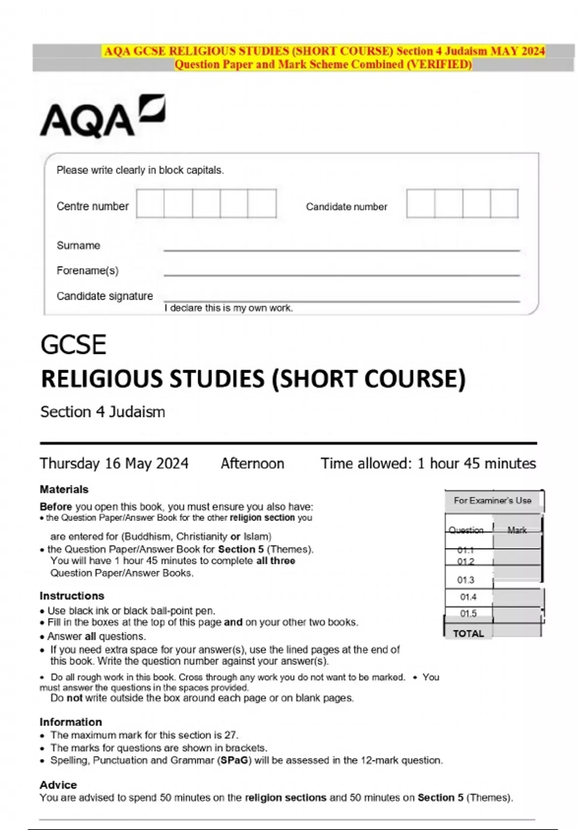 2024 AQA GCSE RELIGIOUS STUDIES (SHORT COURSE) Section 4 Judaism MAY ...