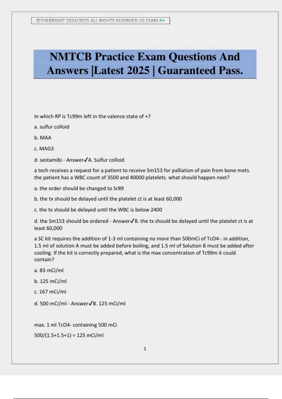 NMTCB Practice Exam Questions And Answers |Latest 2025 | Guaranteed ...