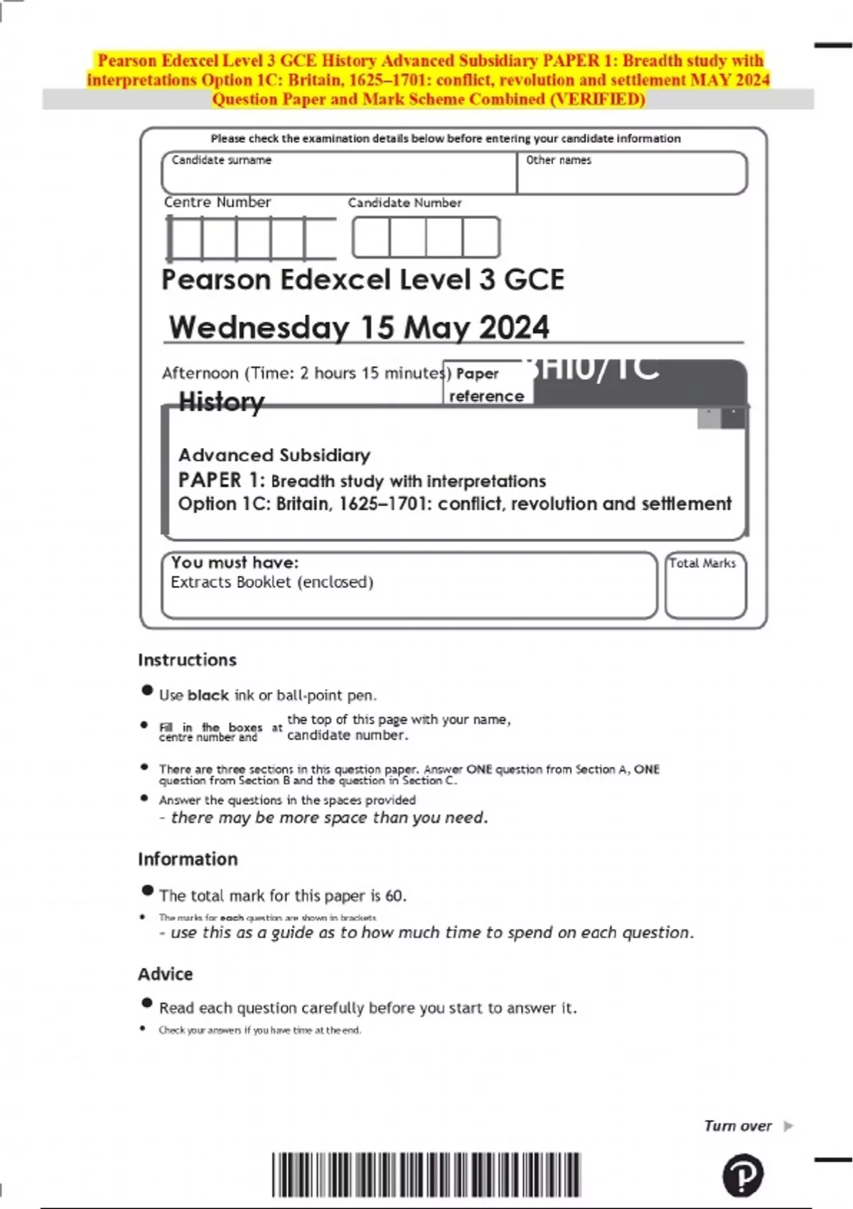 2024 Pearson Edexcel Level 3 GCE History Advanced Subsidiary PAPER 1 ...