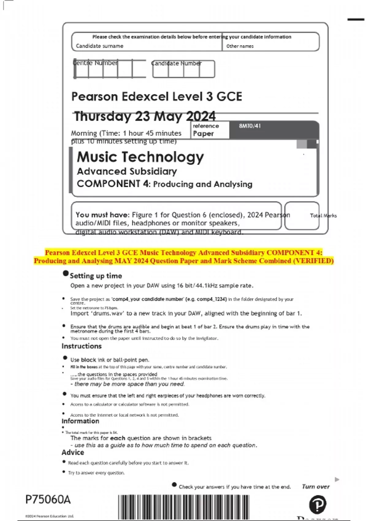 2024 Pearson Edexcel Level 3 GCE Music Technology Advanced Subsidiary ...