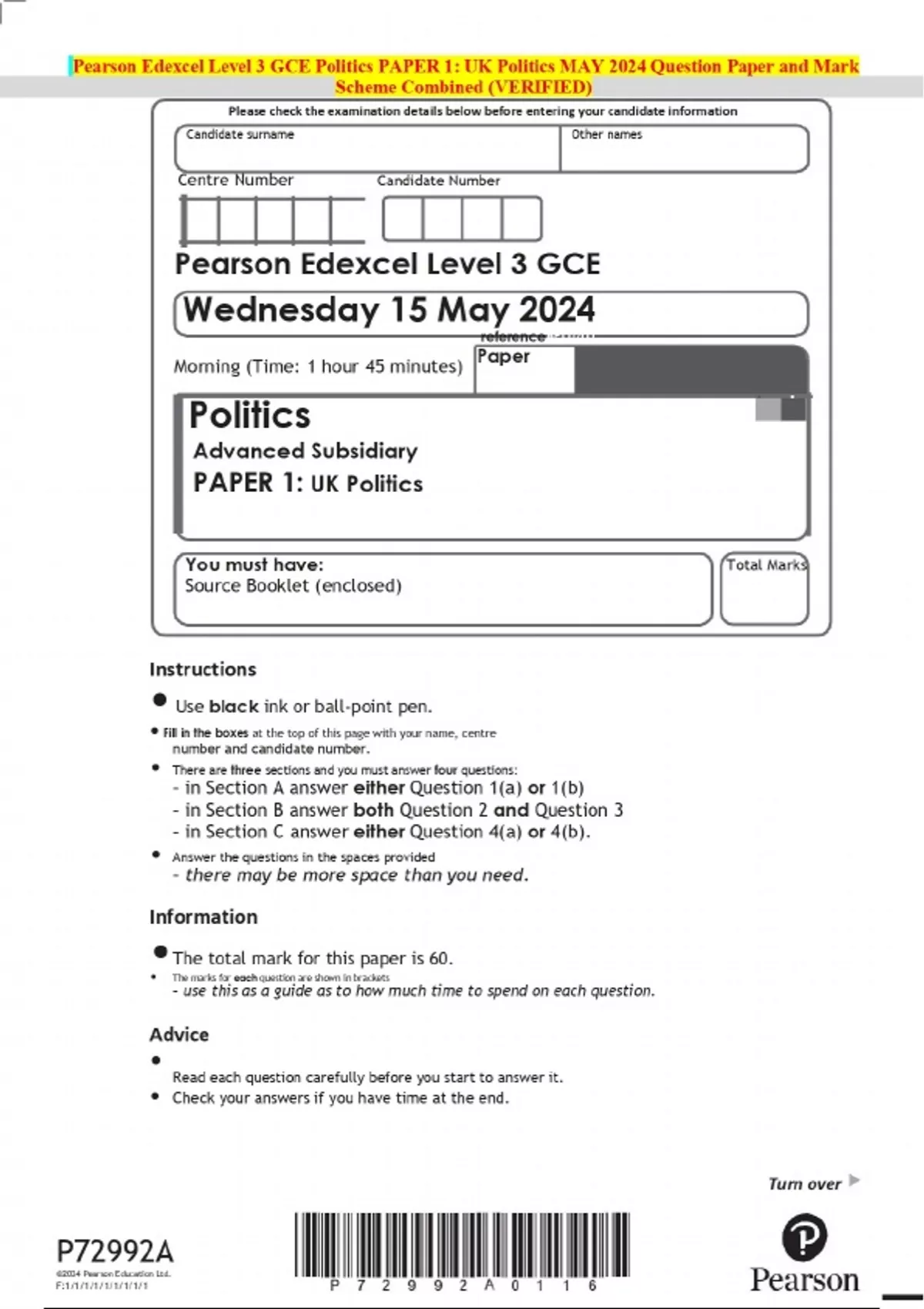 2024 Pearson Edexcel Level 3 GCE Politics PAPER 1: UK Politics MAY ...