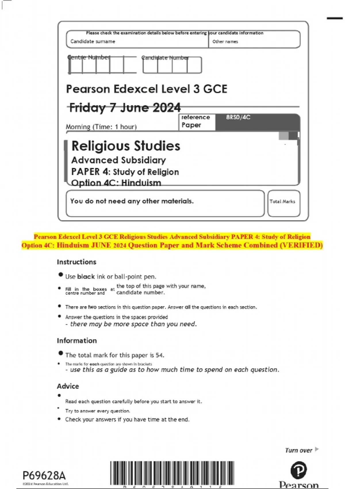2024 Pearson Edexcel Level 3 GCE Religious Studies Advanced Subsidiary ...