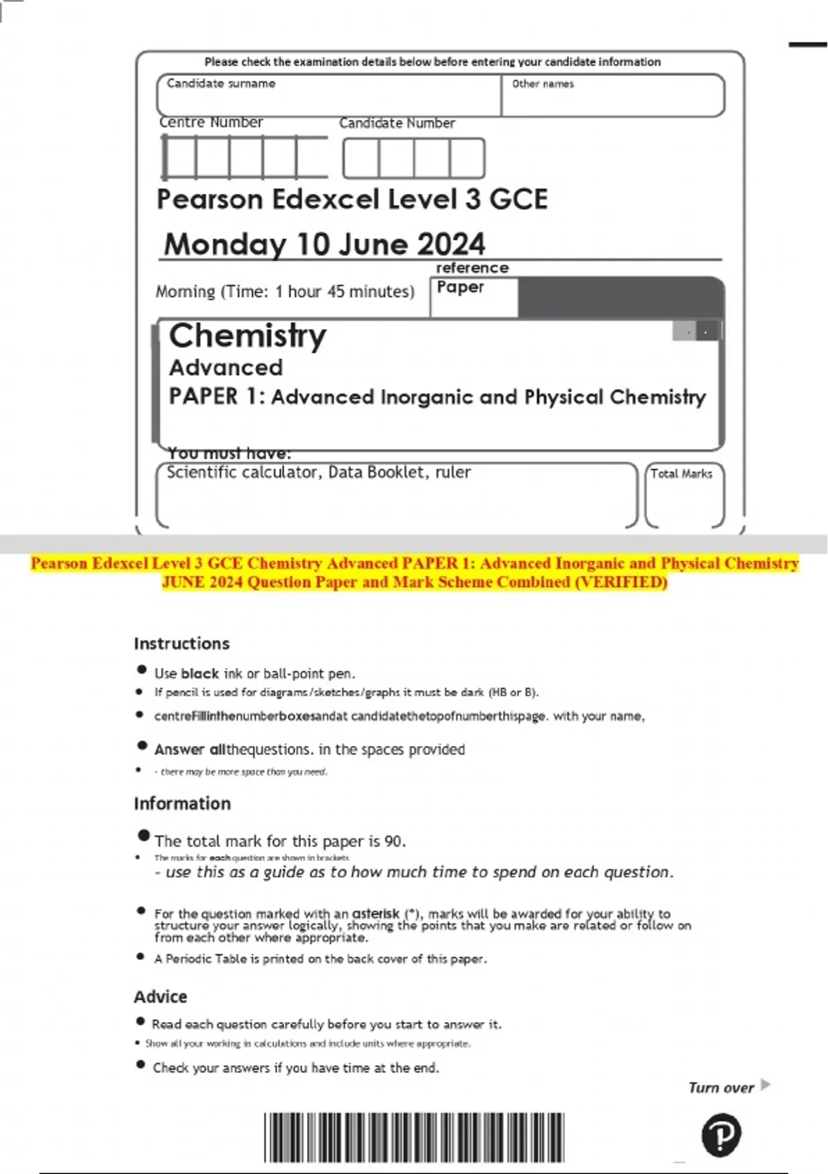 2024 Pearson Edexcel Level 3 GCE Chemistry Advanced PAPER 1: Advanced ...