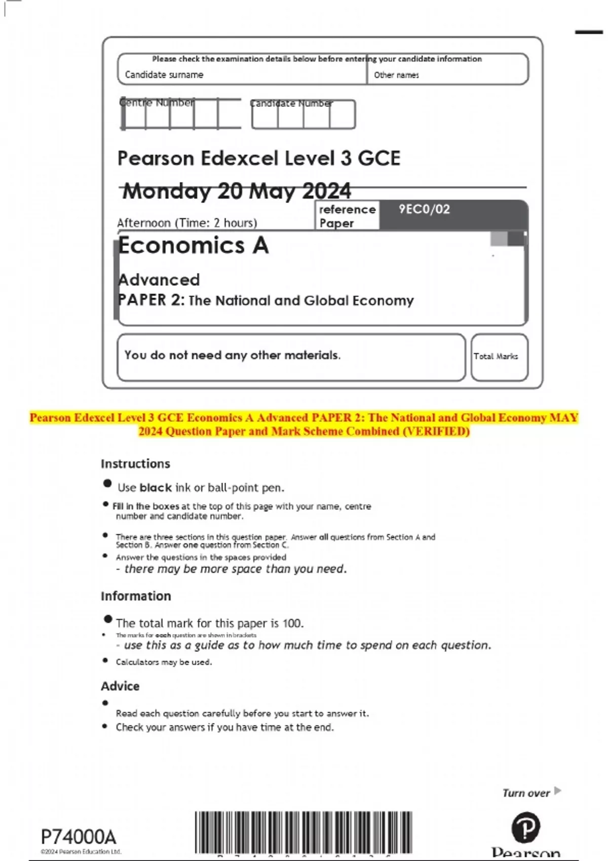 2024 Pearson Edexcel Level 3 GCE Economics A Advanced PAPER 2: The ...