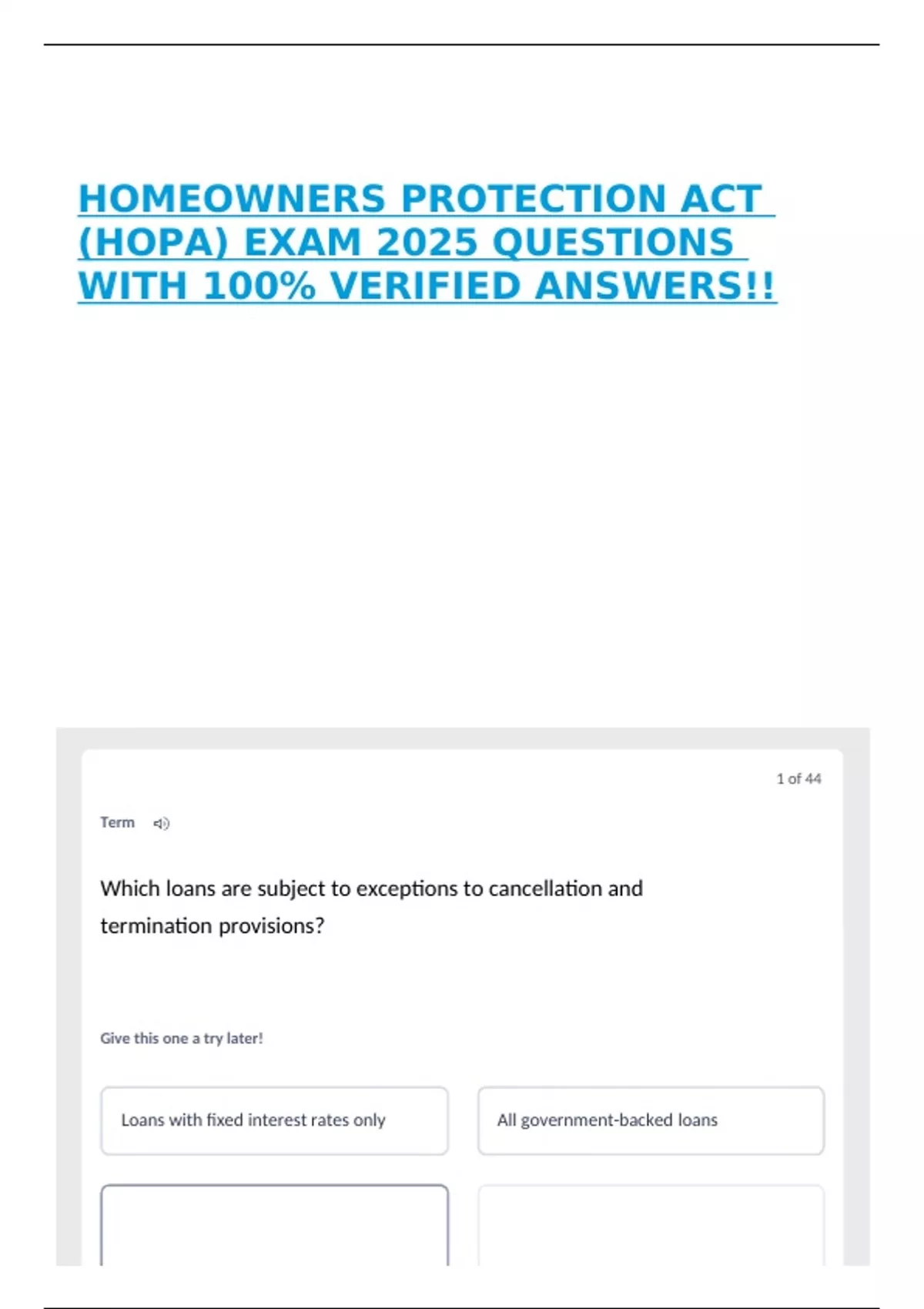 HOMEOWNERS PROTECTION ACT (HOPA) EXAM 2025 QUESTIONS WITH 100% VERIFIED ...