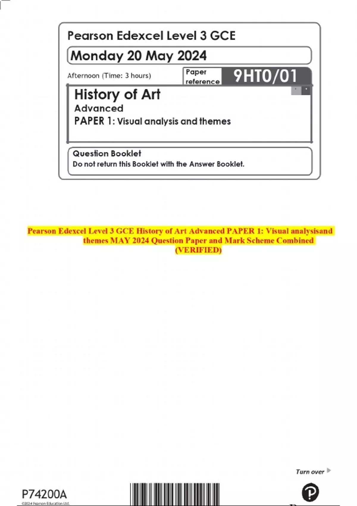 2024 Pearson Edexcel Level 3 GCE History of Art Advanced PAPER 1: Visual analysis and themes MAY ...