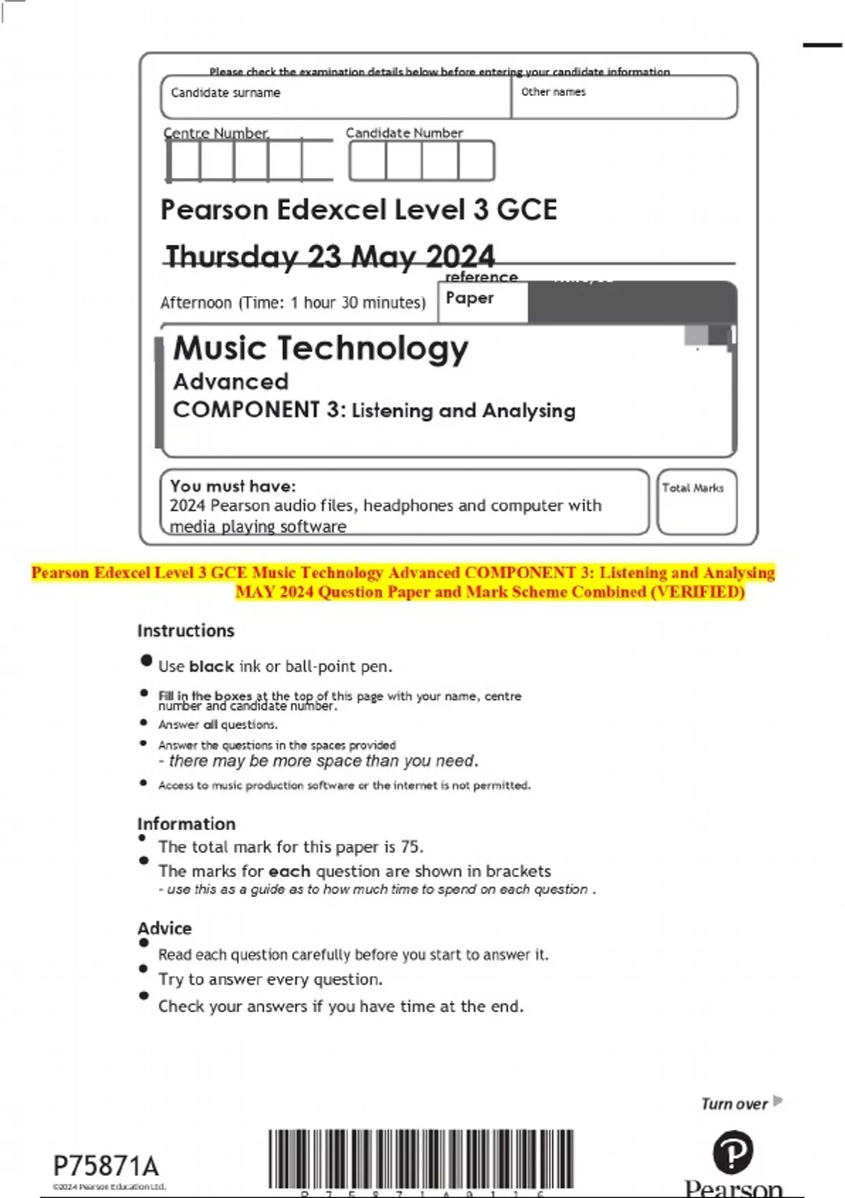2024 Pearson Edexcel Level 3 GCE Music Technology Advanced COMPONENT 3 ...