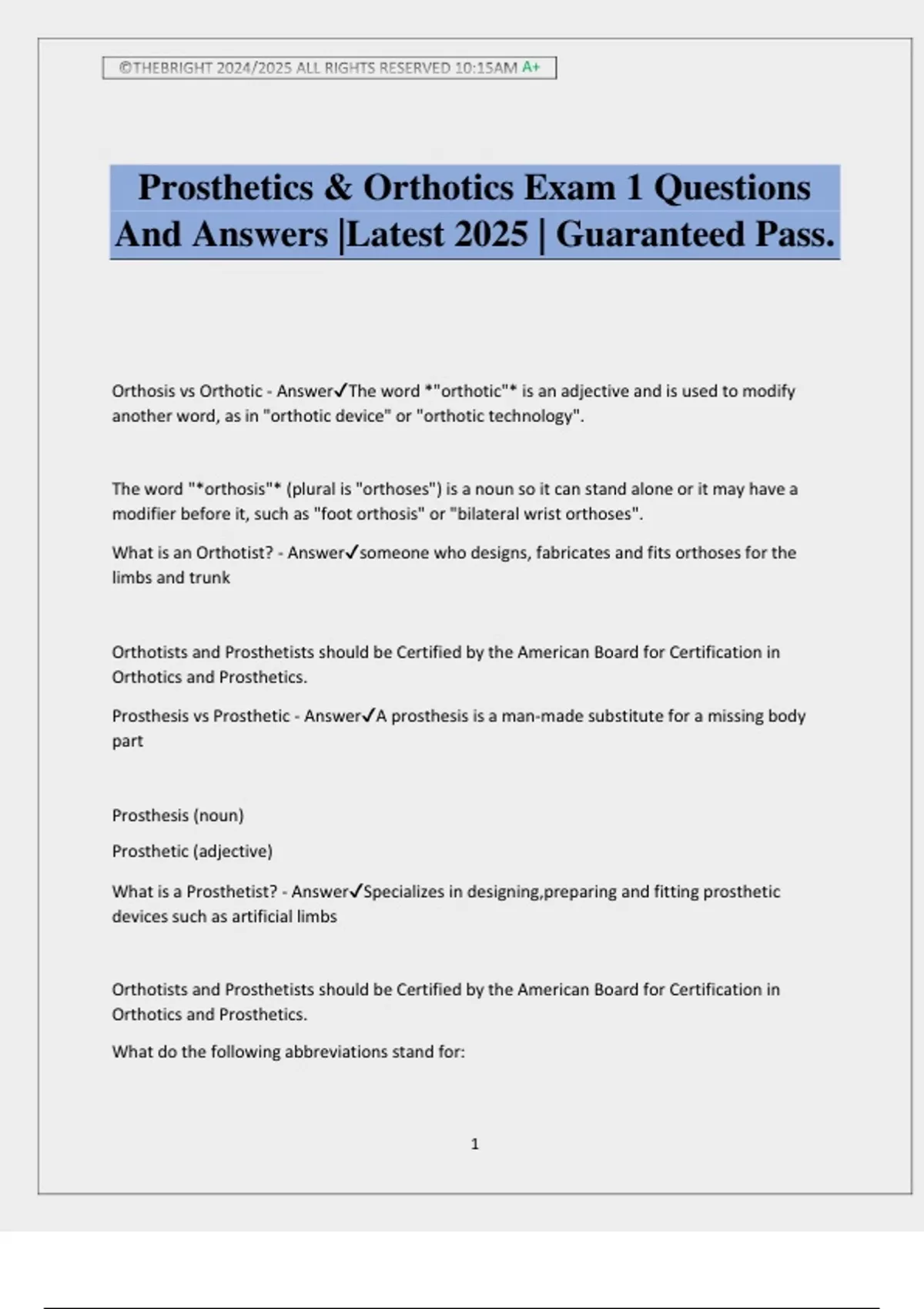 Prosthetics & Orthotics Exam 1 Questions And Answers |Latest 2025 ...
