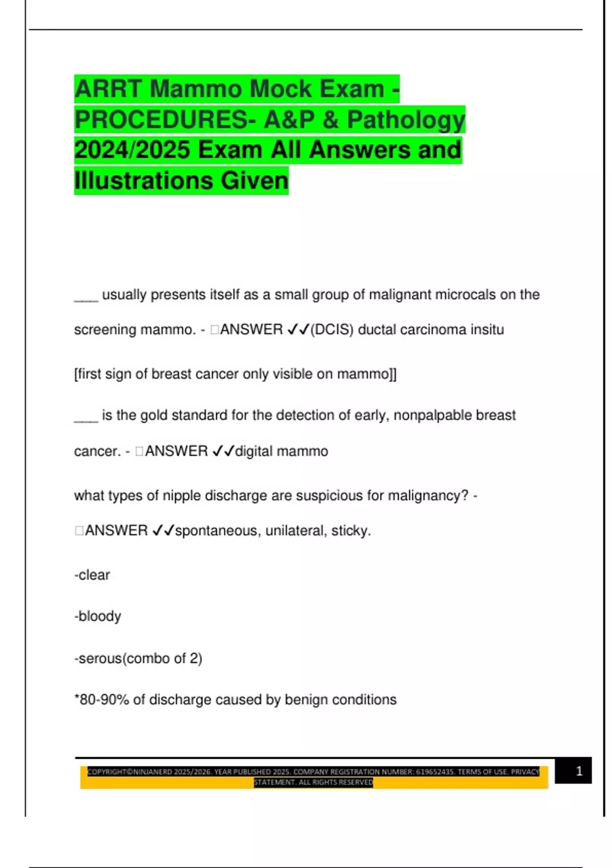 ARRT Mammo Mock Exam PROCEDURES- A&P & Pathology 2024/2025 Exam All ...