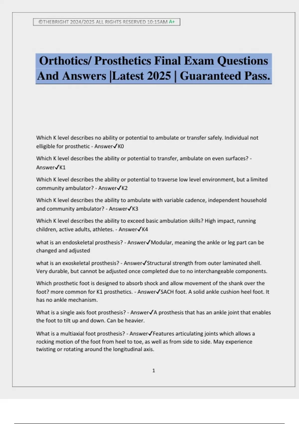 Orthotics/ Prosthetics Final Exam Questions And Answers |Latest 2025 ...