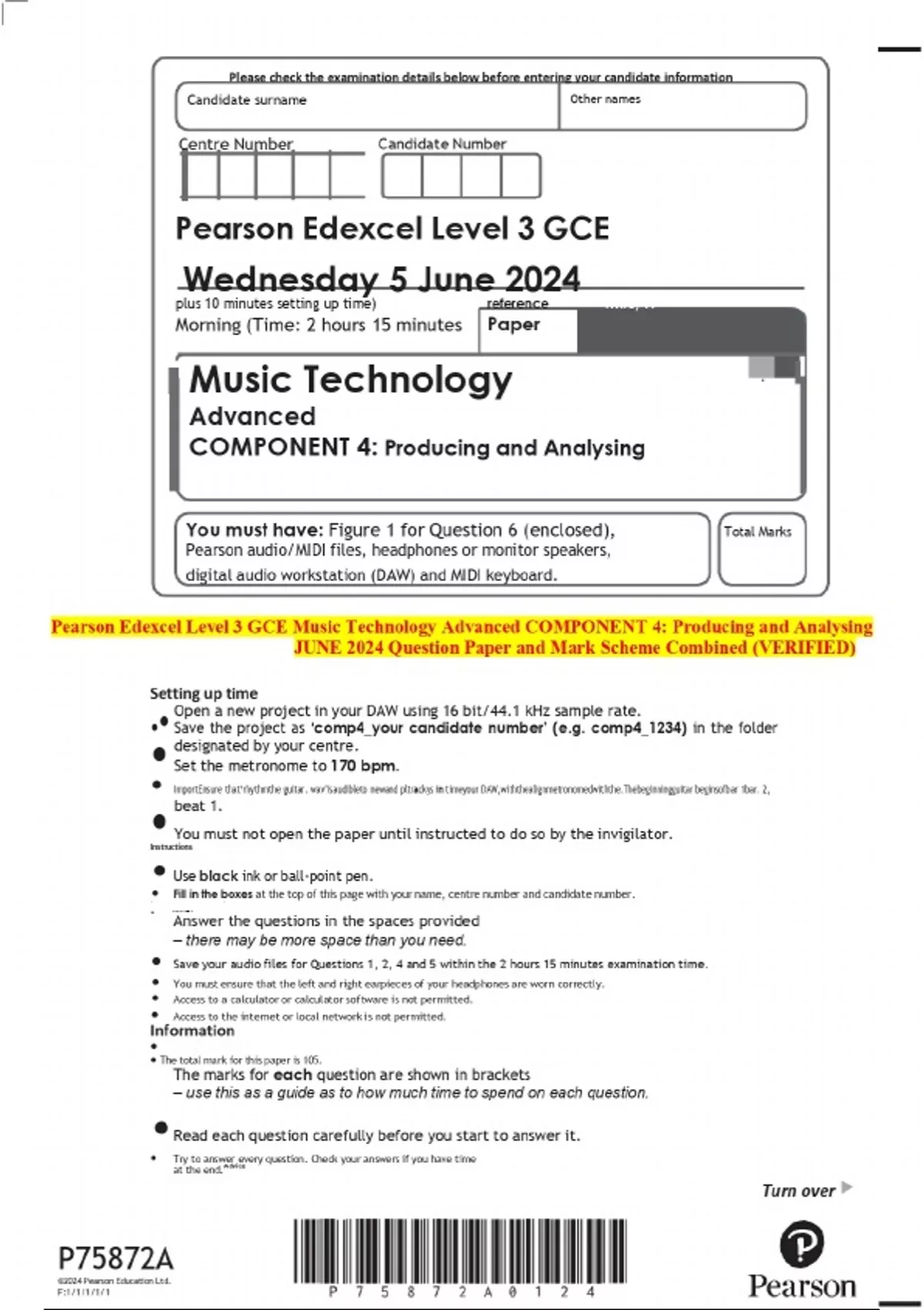 2024 Pearson Edexcel Level 3 GCE Music Technology Advanced COMPONENT 4 ...
