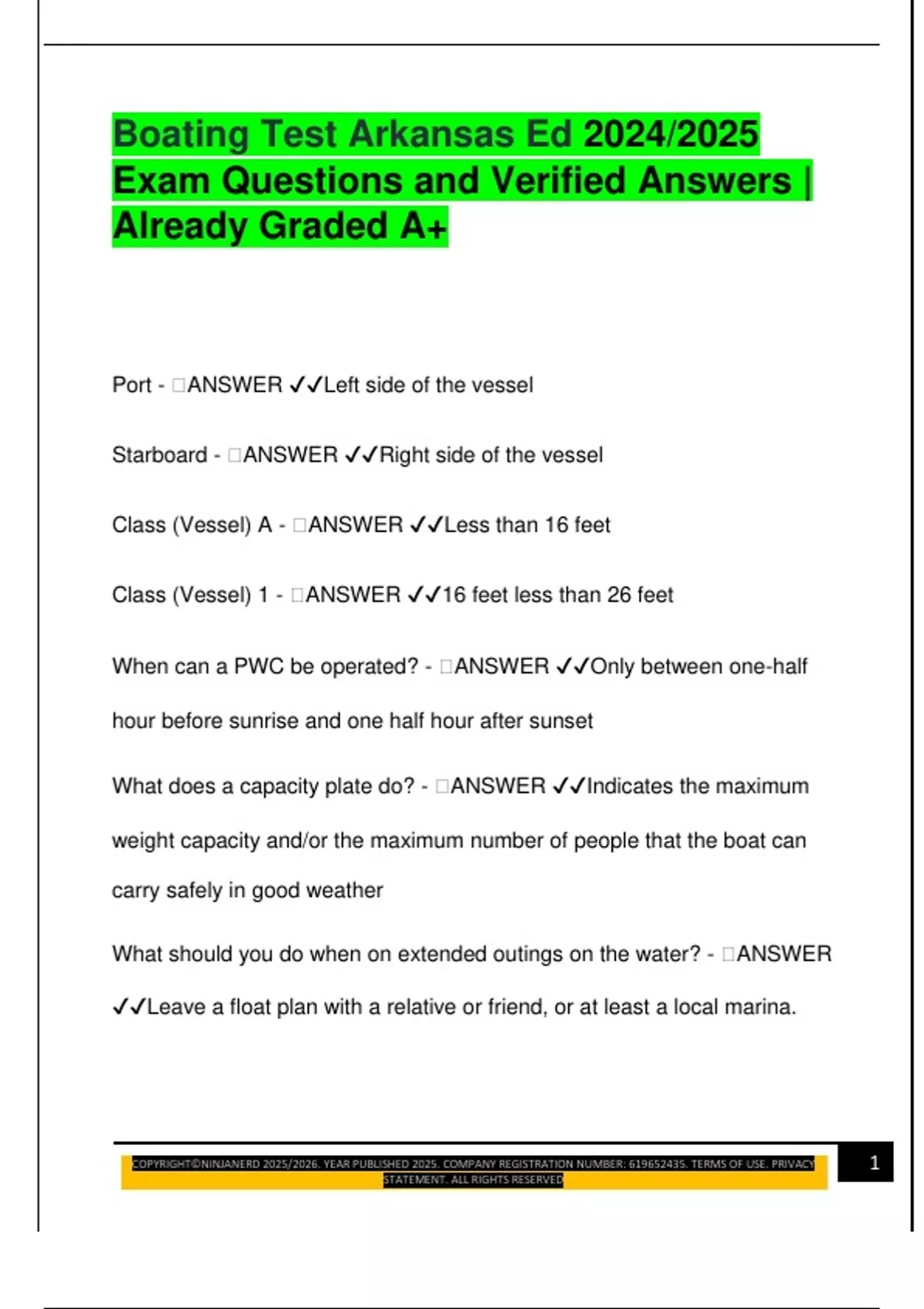Boating Test Arkansas Ed 2024/2025 Exam Questions and Verified Answers ...