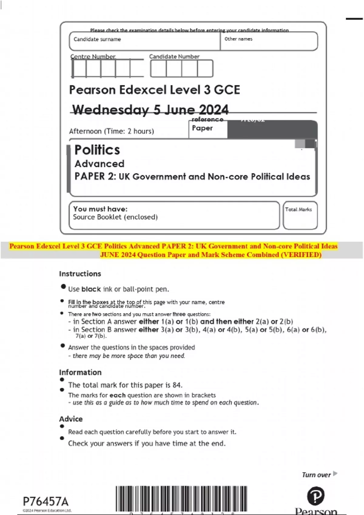 2024 Pearson Edexcel Level 3 GCE Politics Advanced PAPER 2: UK ...