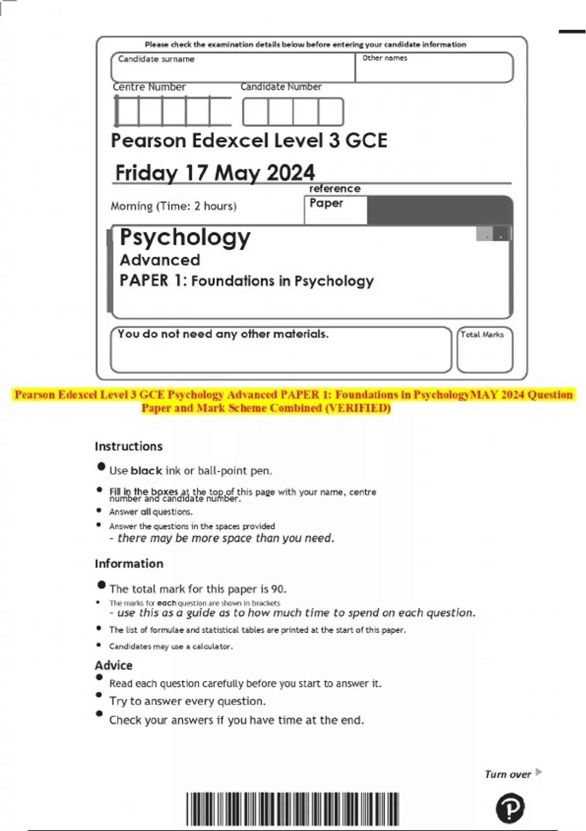 2024 Pearson Edexcel Level 3 GCE Psychology Advanced PAPER 1: Foundations in Psychology MAY ...