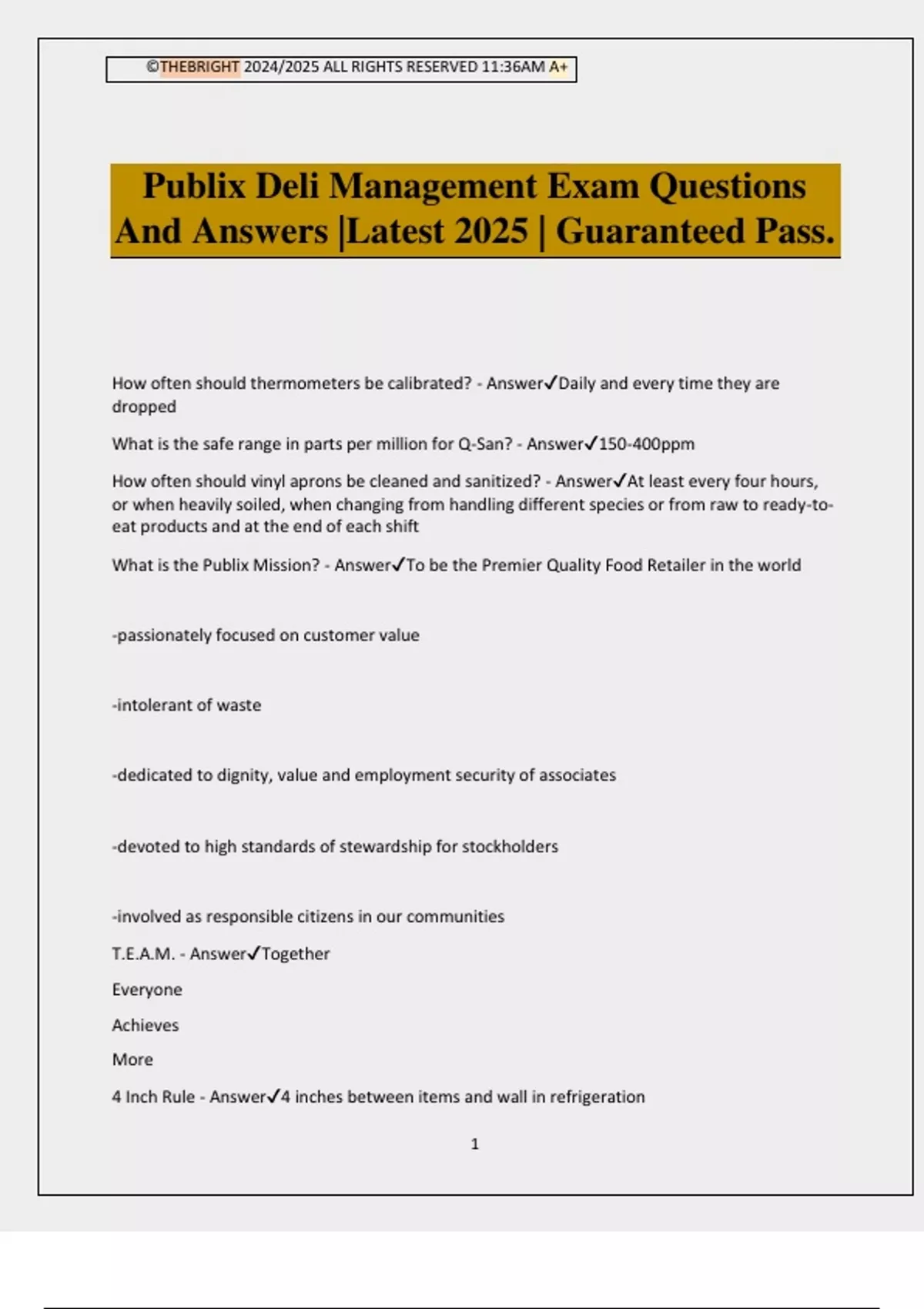Publix Deli Management Exam Questions And Answers |Latest 2025 ...