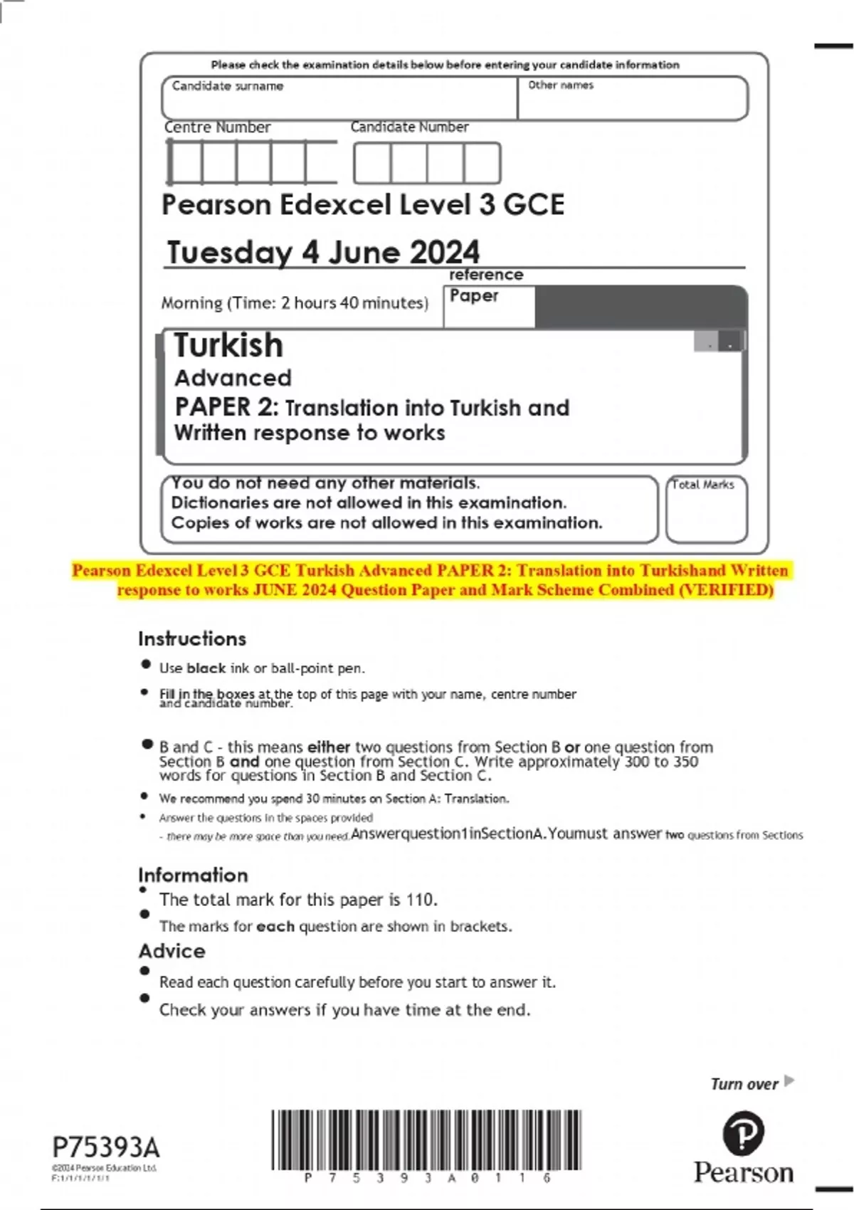 2024 Pearson Edexcel Level 3 GCE Turkish Advanced PAPER 2: Translation ...