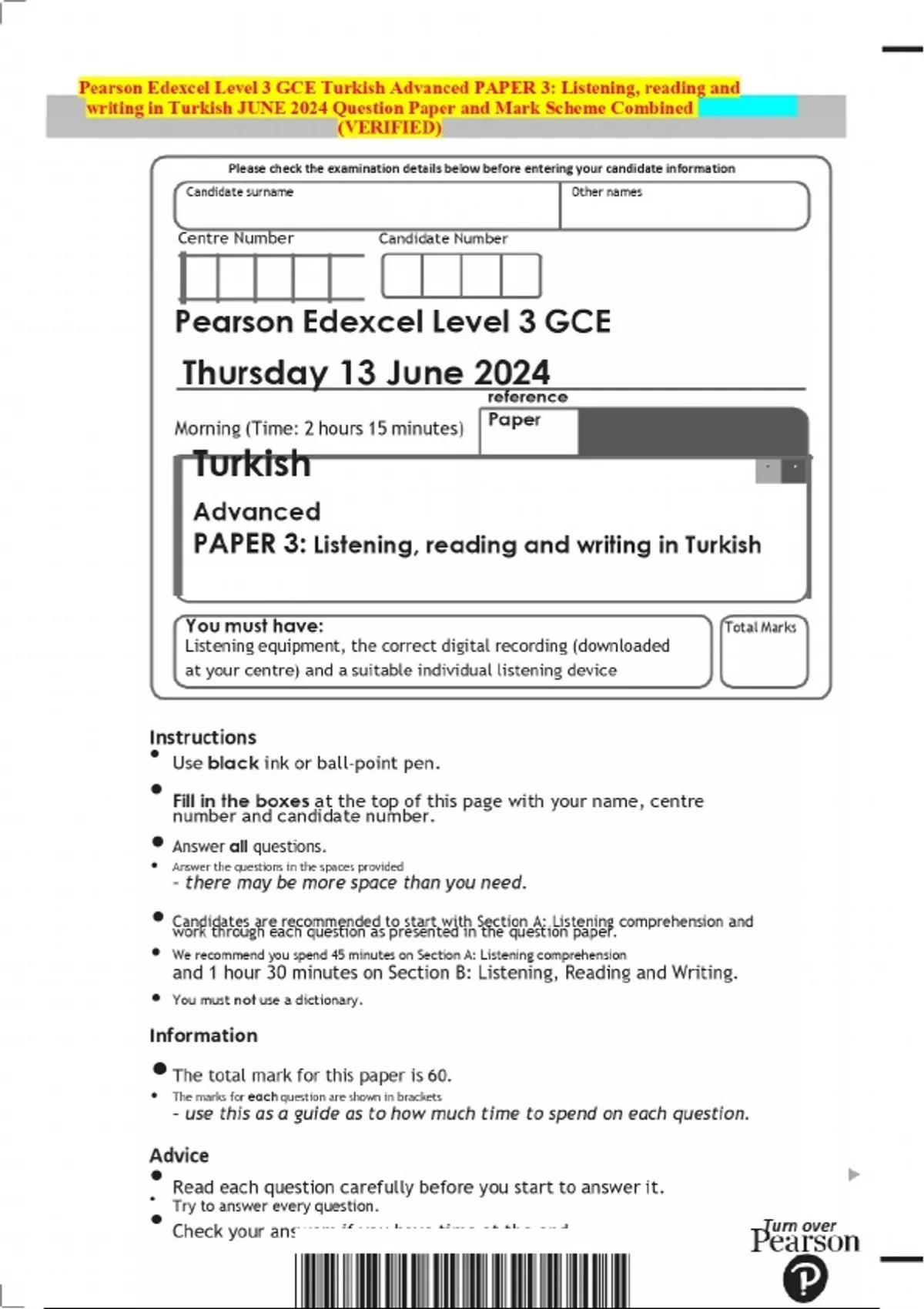 2024 Pearson Edexcel Level 3 GCE Turkish Advanced PAPER 3: Listening, reading and writing in ...