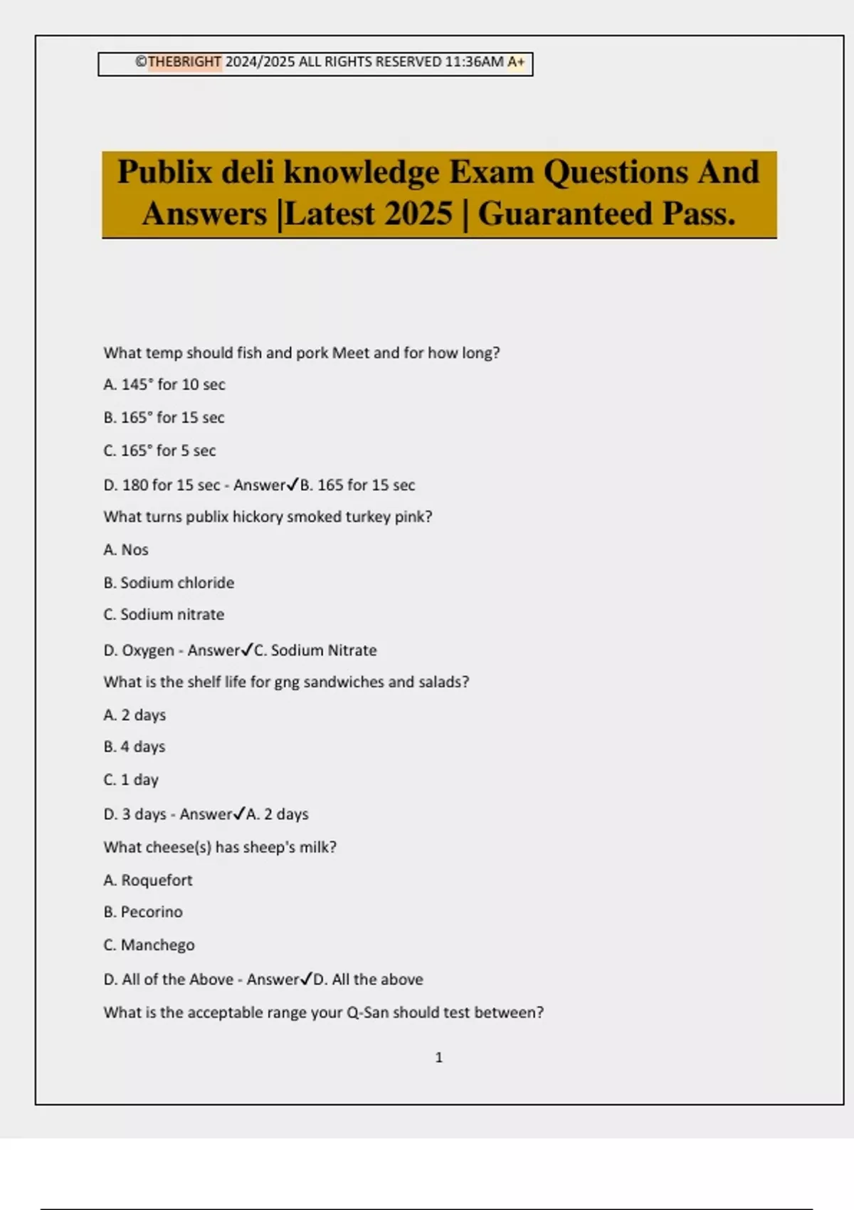 Publix deli knowledge Exam Questions And Answers |Latest 2025 ...