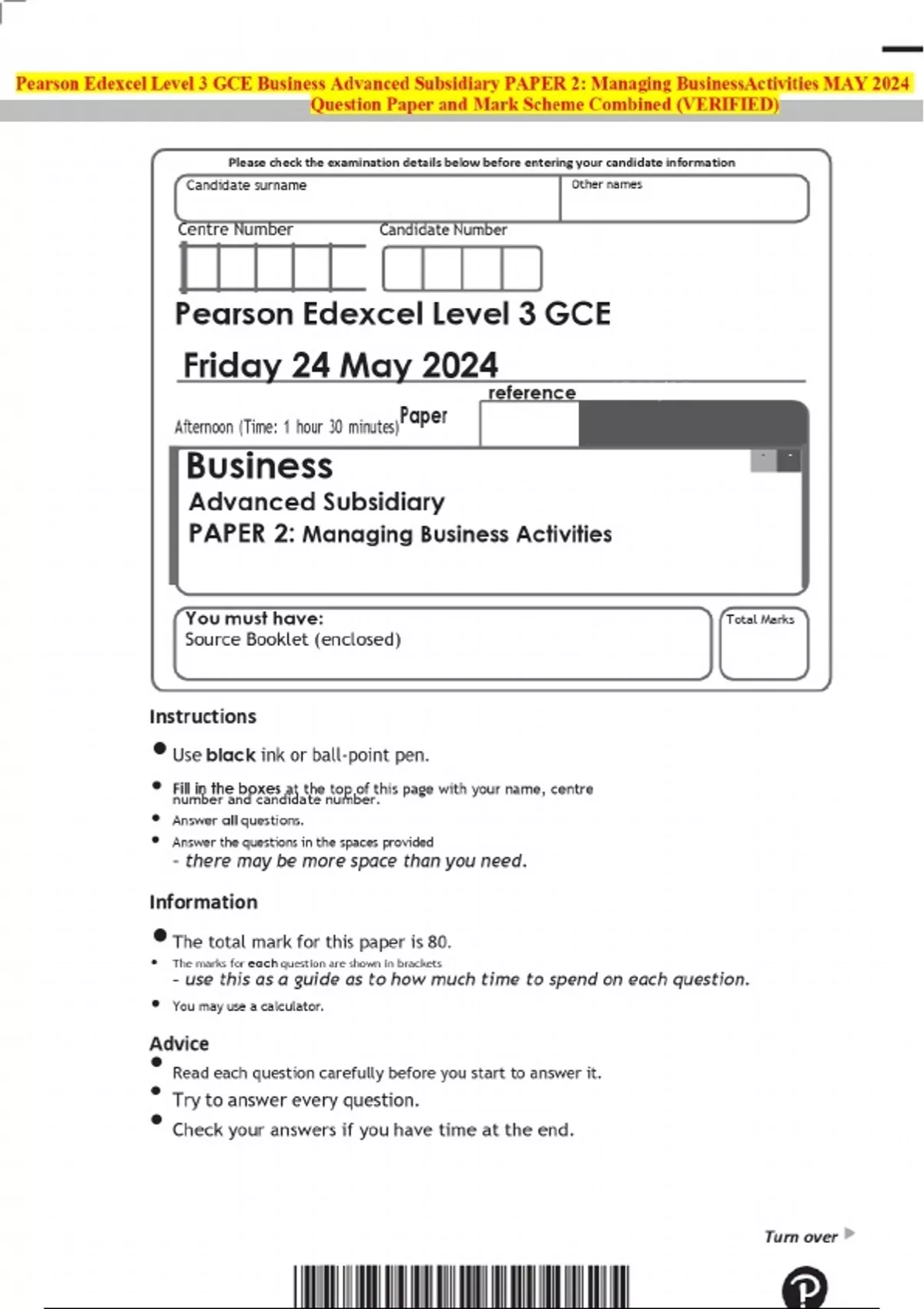 2024 Pearson Edexcel Level 3 GCE Business Advanced Subsidiary PAPER 2 ...
