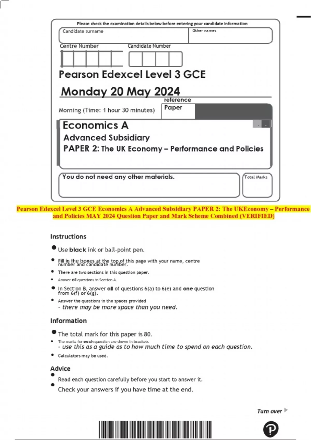2024 Pearson Edexcel Level 3 GCE Economics A Advanced Subsidiary PAPER ...