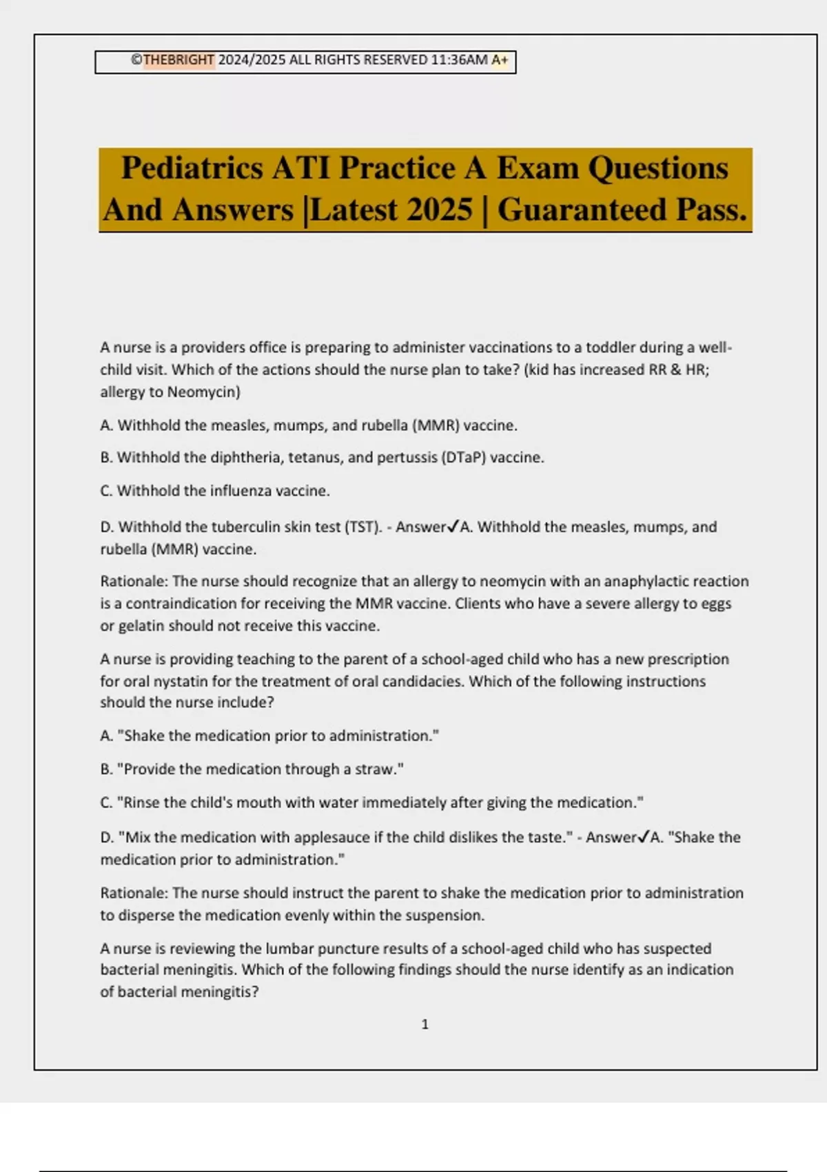 Pediatrics ATI Practice A Exam Questions And Answers |Latest 2025 ...