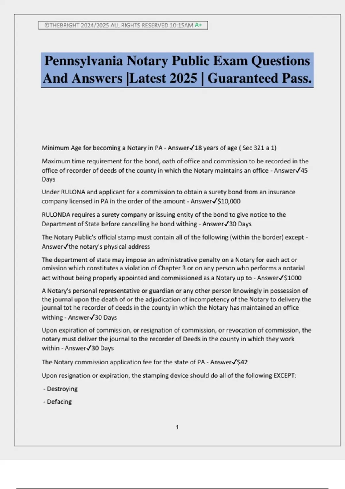 Pennsylvania Notary Public Exam Questions And Answers |Latest 2025 ...