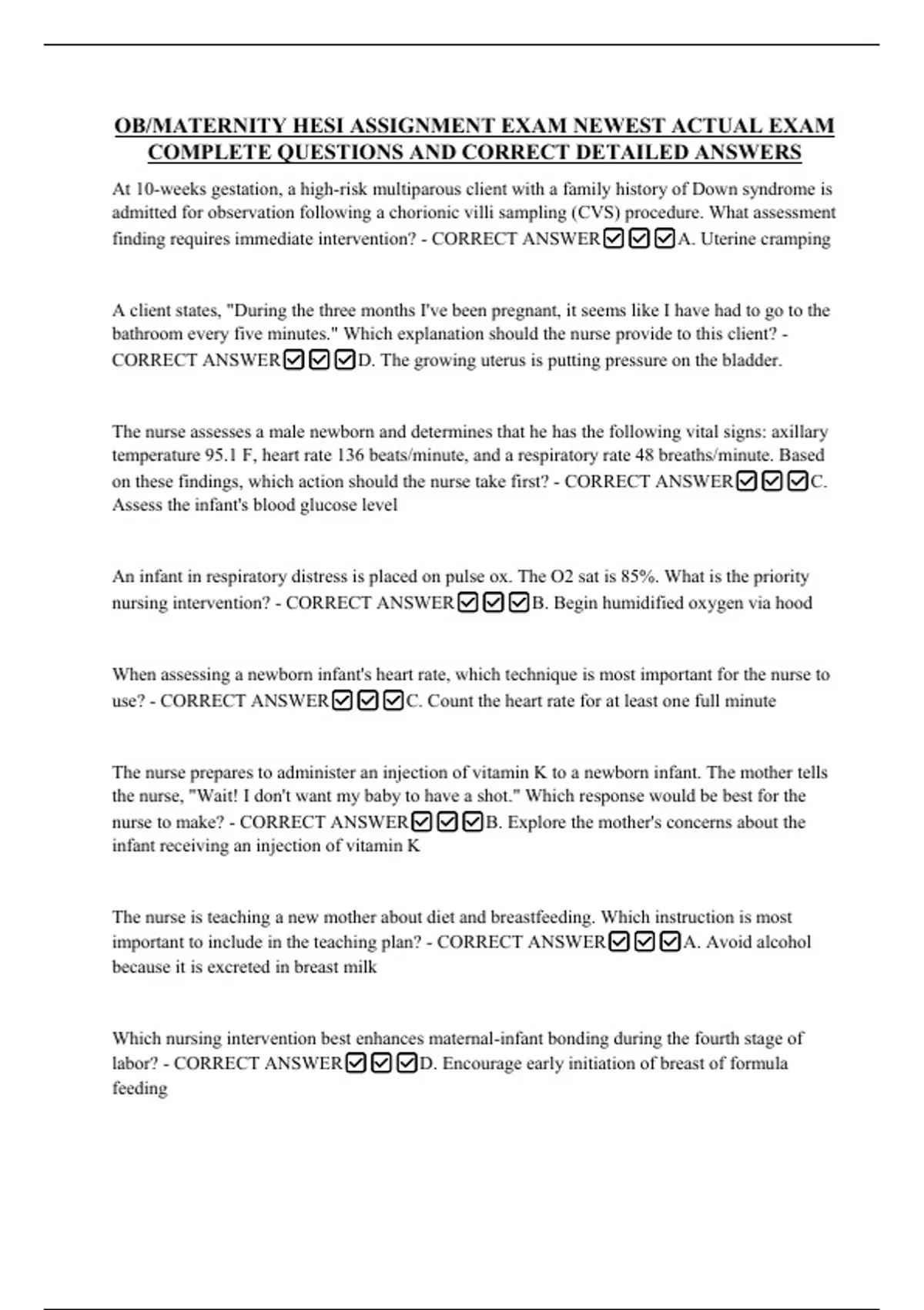 OB/MATERNITY HESI ASSIGNMENT EXAM NEWEST ACTUAL EXAM COMPLETE QUESTIONS AND CORRECT DETAILED ...