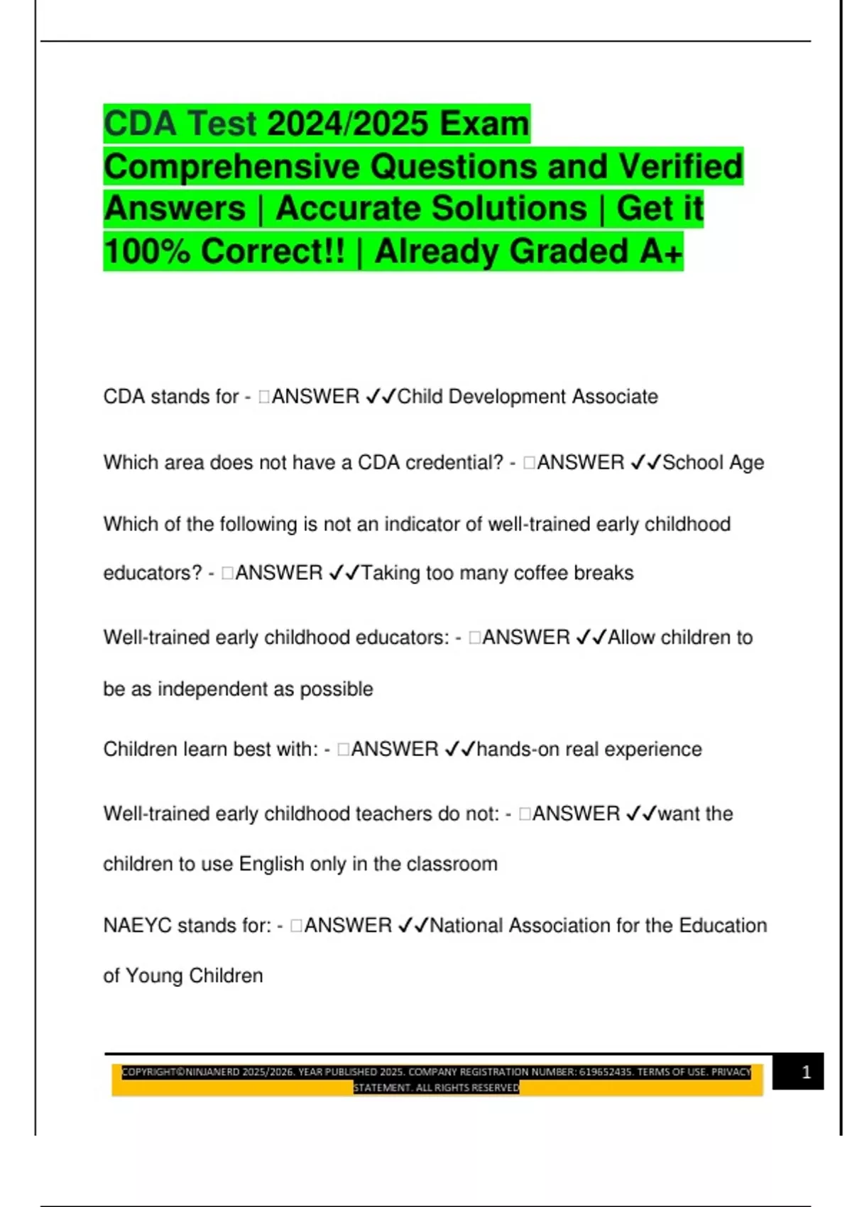 CDA Test 2024/2025 Exam Comprehensive Questions and Verified Answers ...