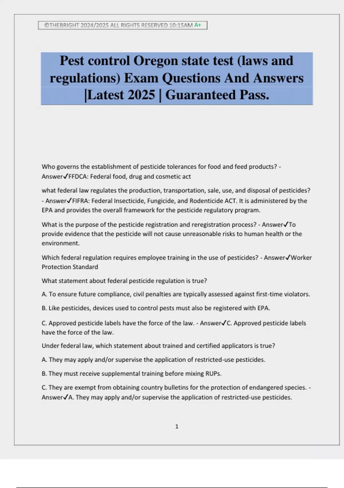 Pest control Oregon state test (laws and regulations) Exam Questions ...