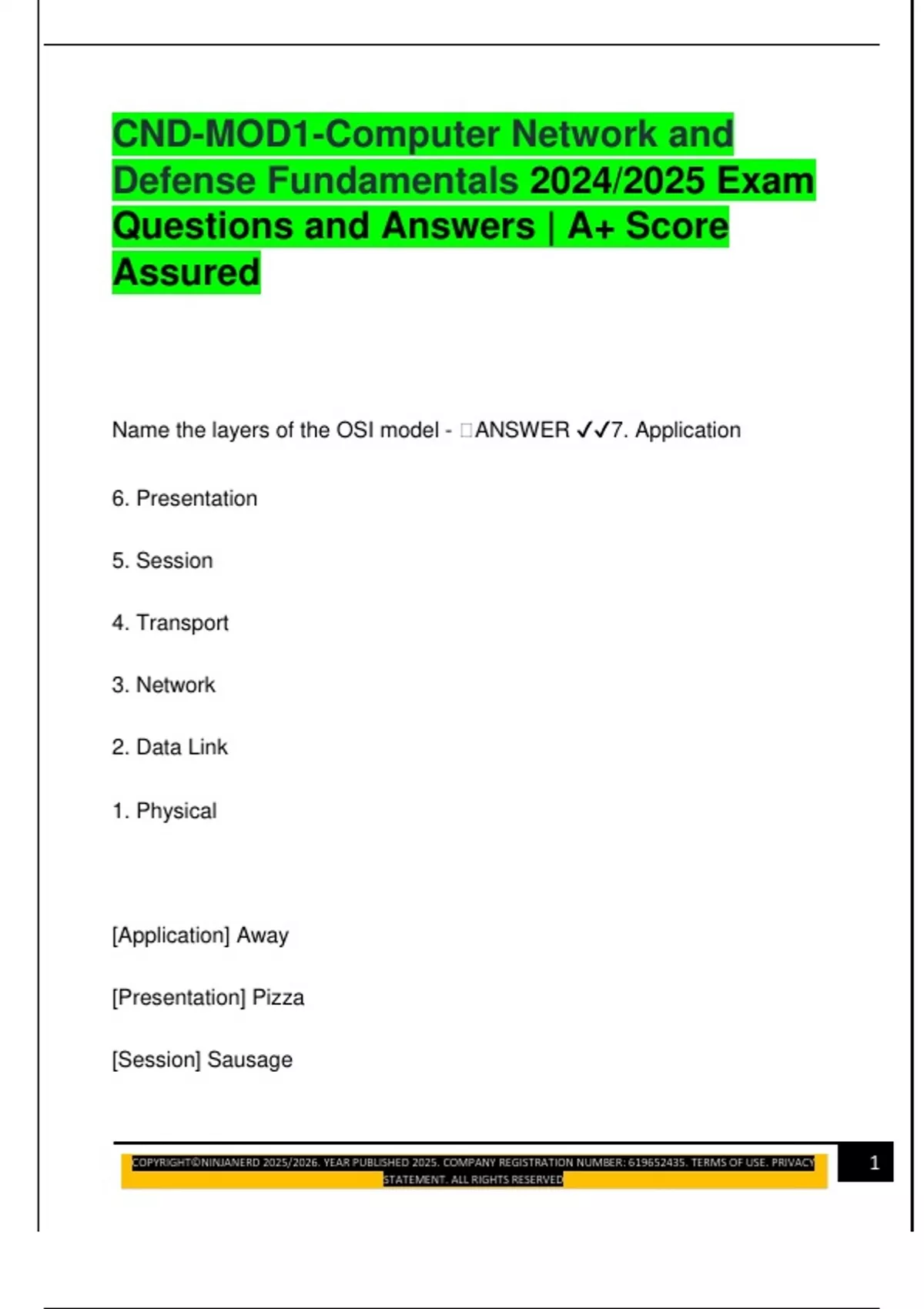CND-MOD1-Computer Network and Defense Fundamentals 2024/2025 Exam Questions and Answers | A+ ...