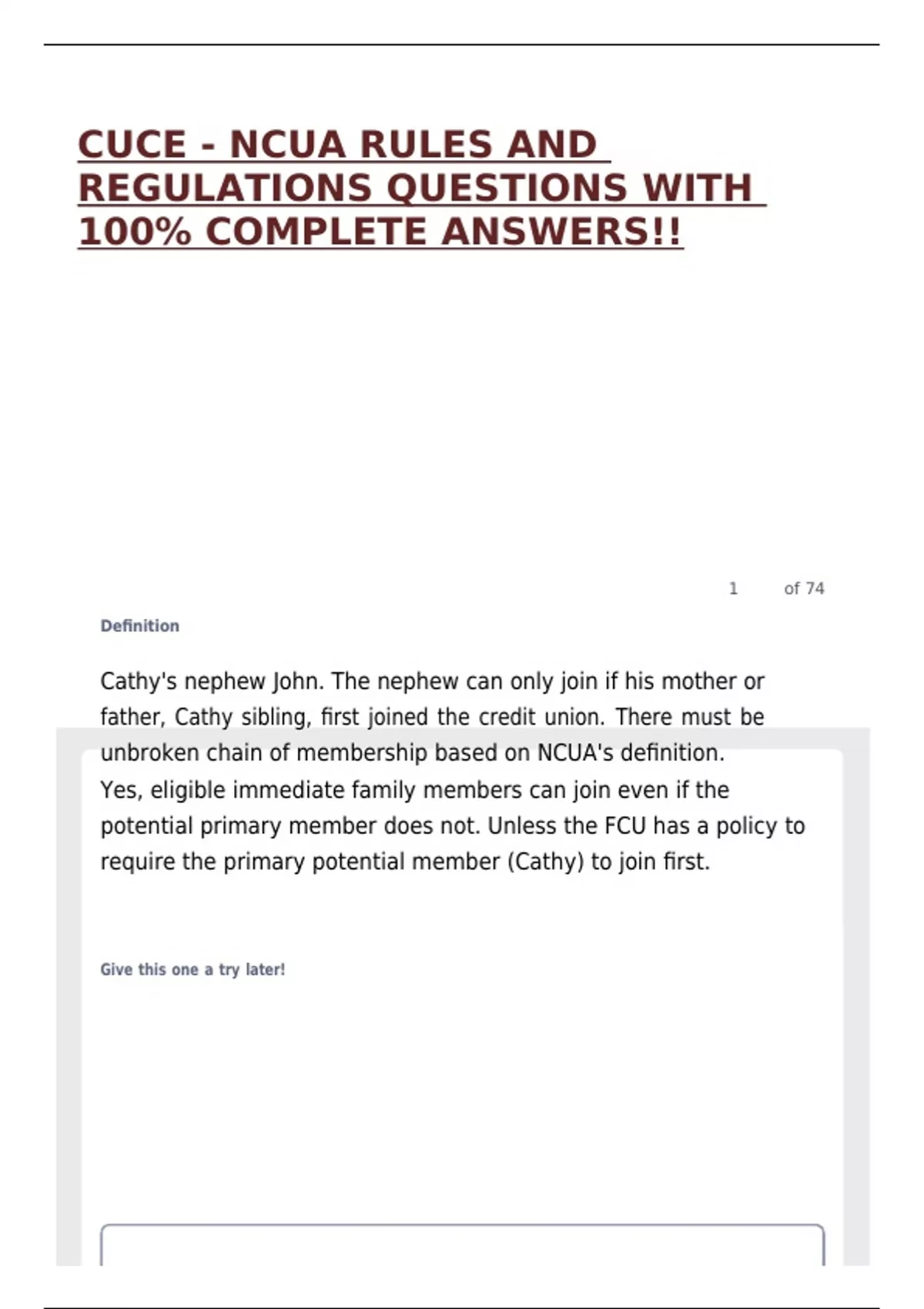 CUCE - NCUA RULES AND REGULATIONS QUESTIONS WITH 100% COMPLETE ANSWERS!! - CUCE - NCUA - Stuvia US