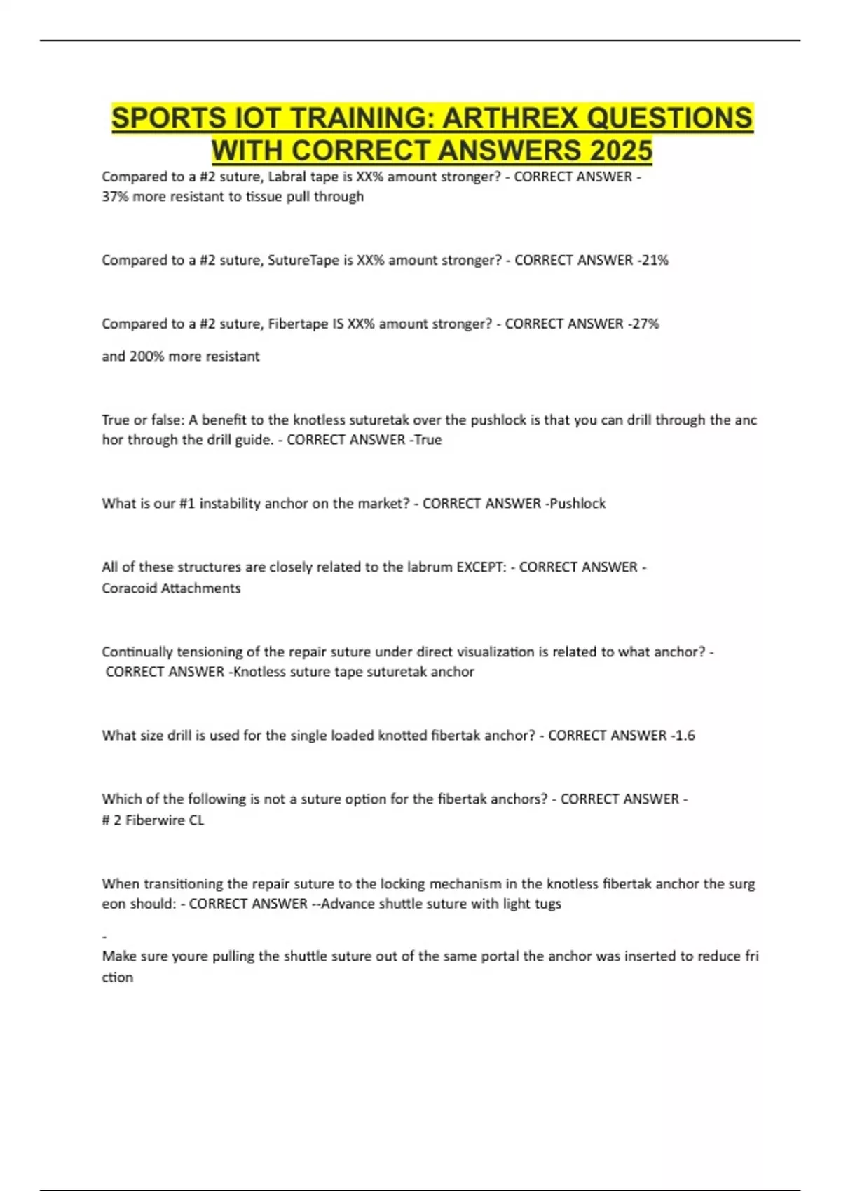 SPORTS IOT TRAINING -ARTHREX QUESTIONS WITH CORRECT ANSWERS 2025 ...