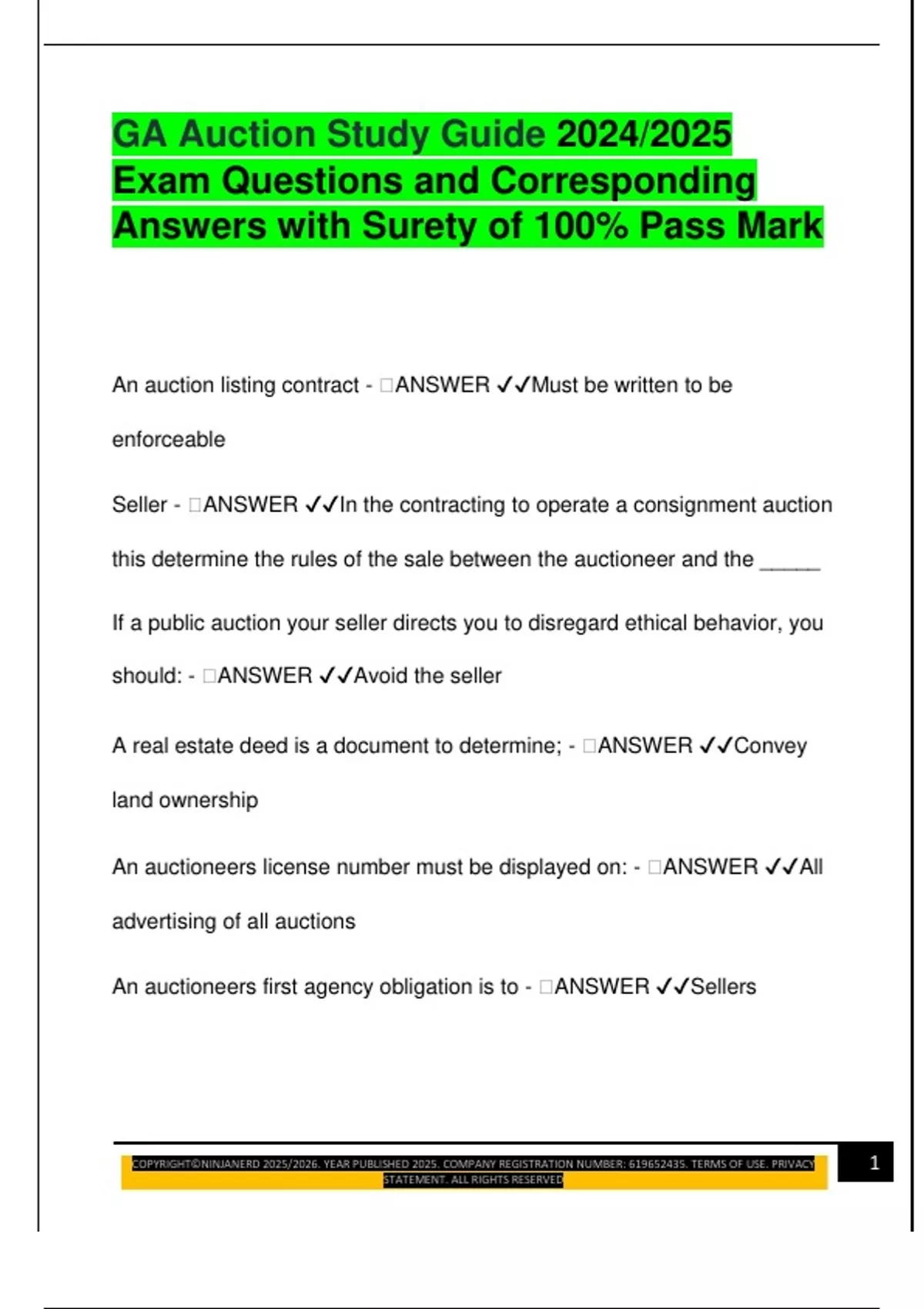 GA Auction Study Guide 2024/2025 Exam Questions and Corresponding ...