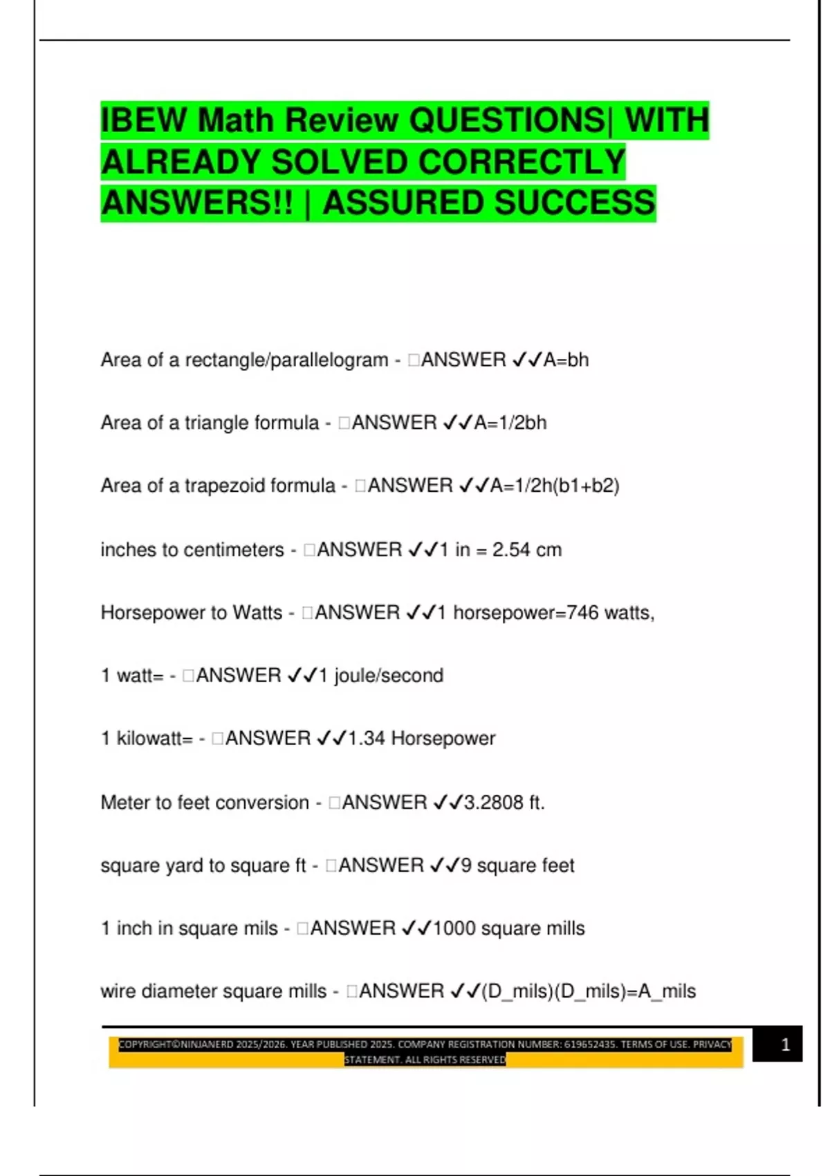 IBEW Math Review QUESTIONS| WITH ALREADY SOLVED CORRECTLY ANSWERS ...